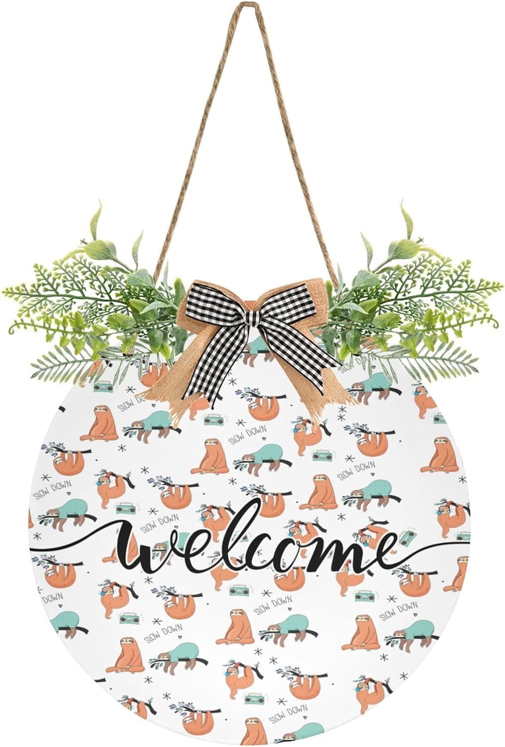 Cartoon Sloth Welcome Sign Farmhouse Front Porch Door Hanging Welcome ...