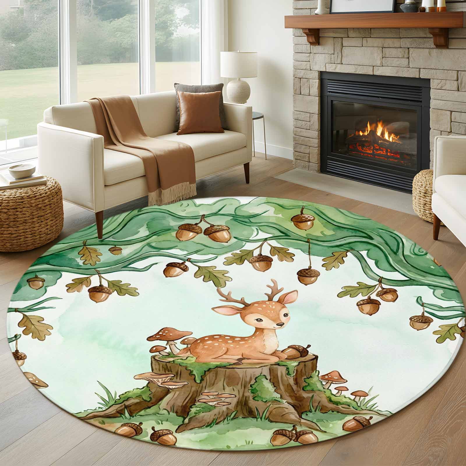 Cartoon Small Deer 8' Round Rug for Open Concept Living Room Seating ...