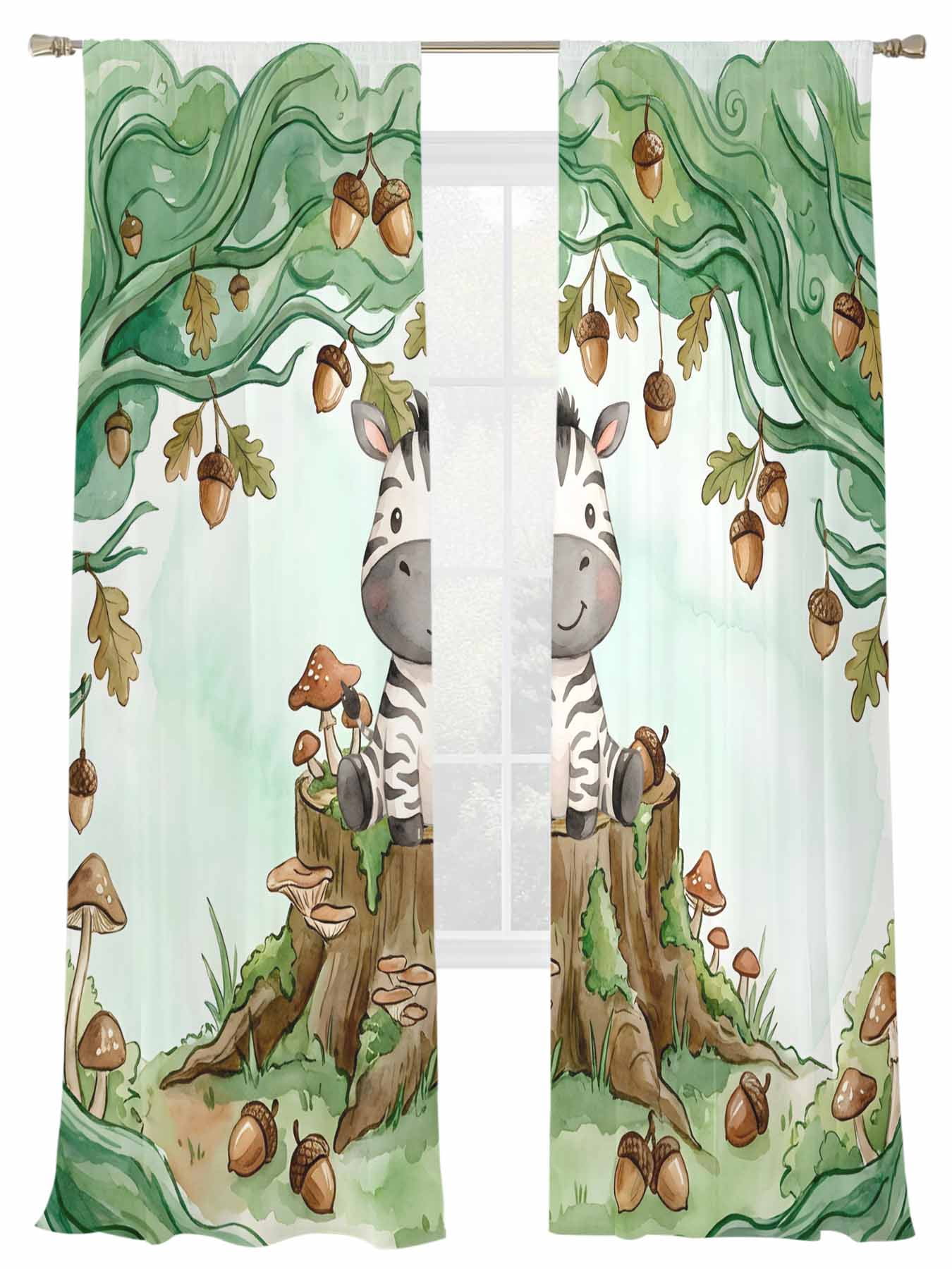 Cartoon Small Zebra Sheer Curtains 2 Panels Set Watercolor Forest ...