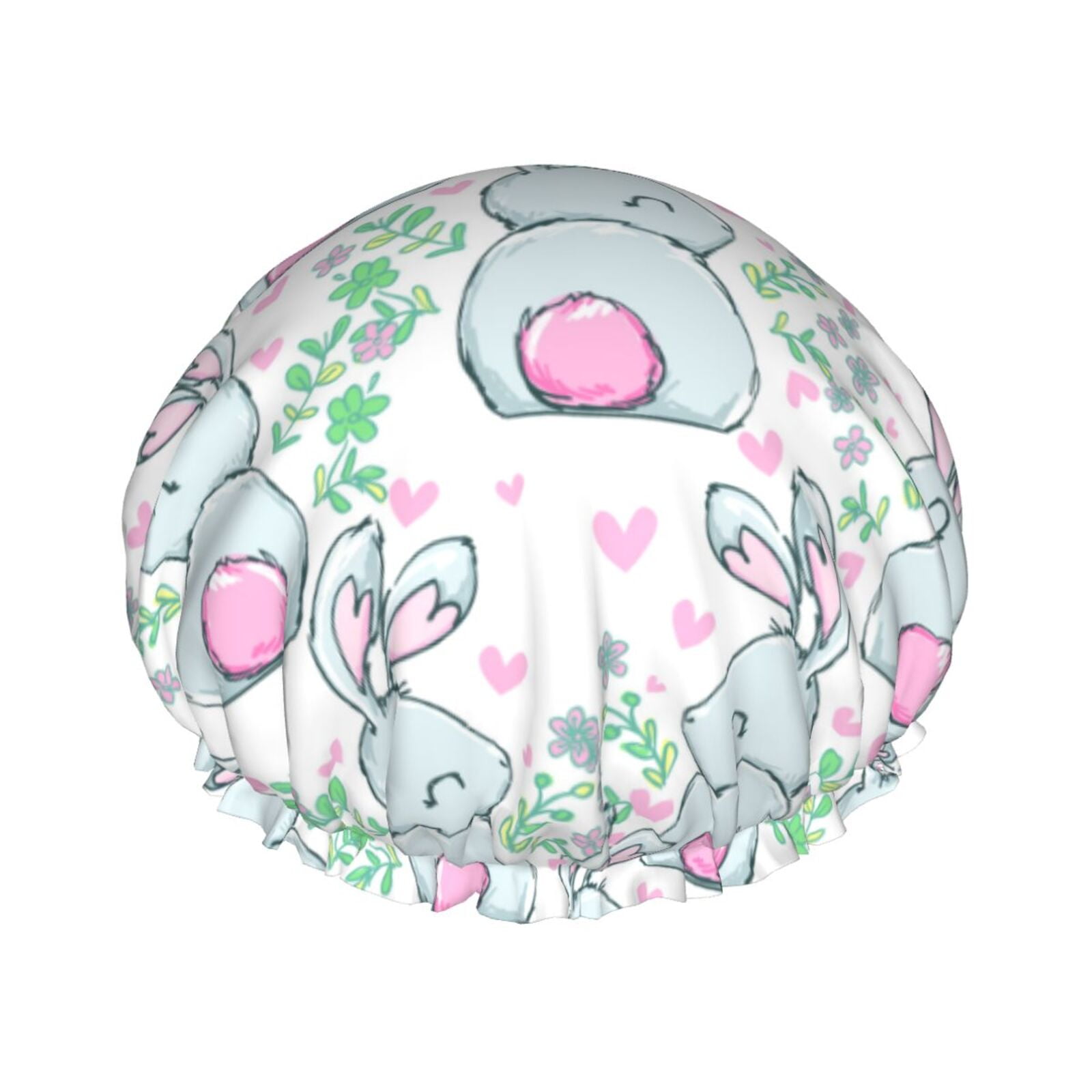 Cartoon Smiling Cute Rabbit Flower Shower Cap for Women, Double ...