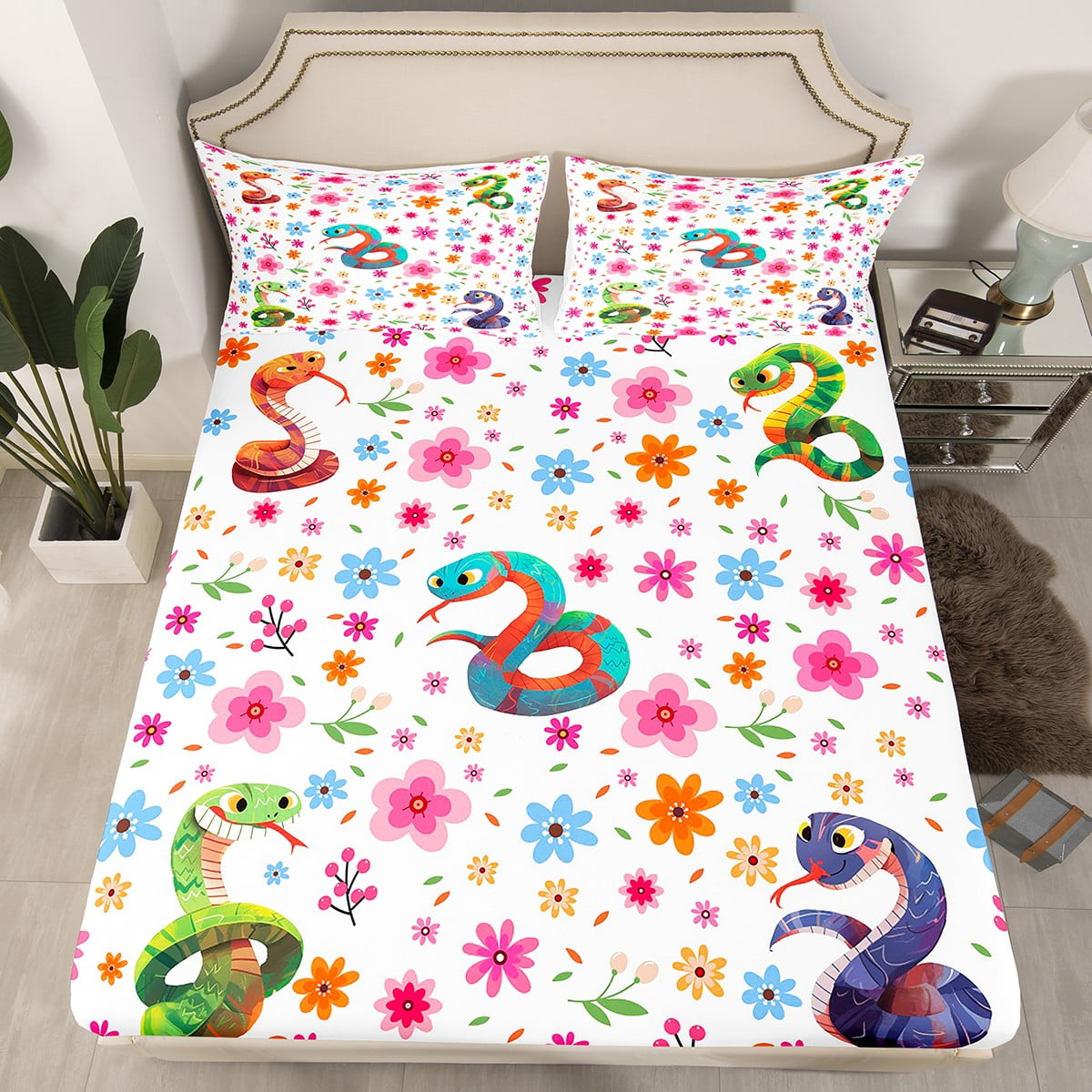 Cartoon Snake Bed Sheets Chic Floral Fitted Sheet Twin Size, Kawaii ...
