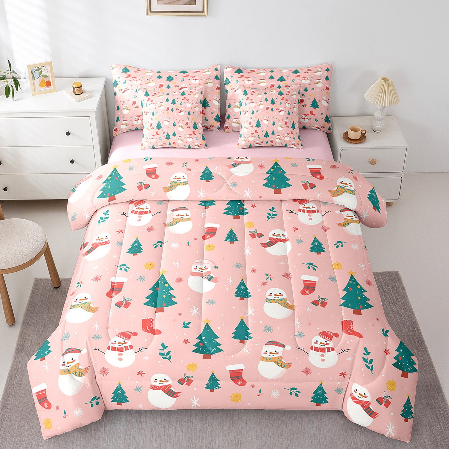Cartoon Snowman 7 Piece Comforter Set Full Bed in a Bag Christmas Tree ...