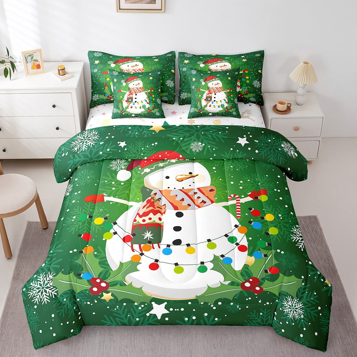 Cartoon Snowman 7 Piece Comforter Set Full Bed in a Bag Cute Santa Hat ...