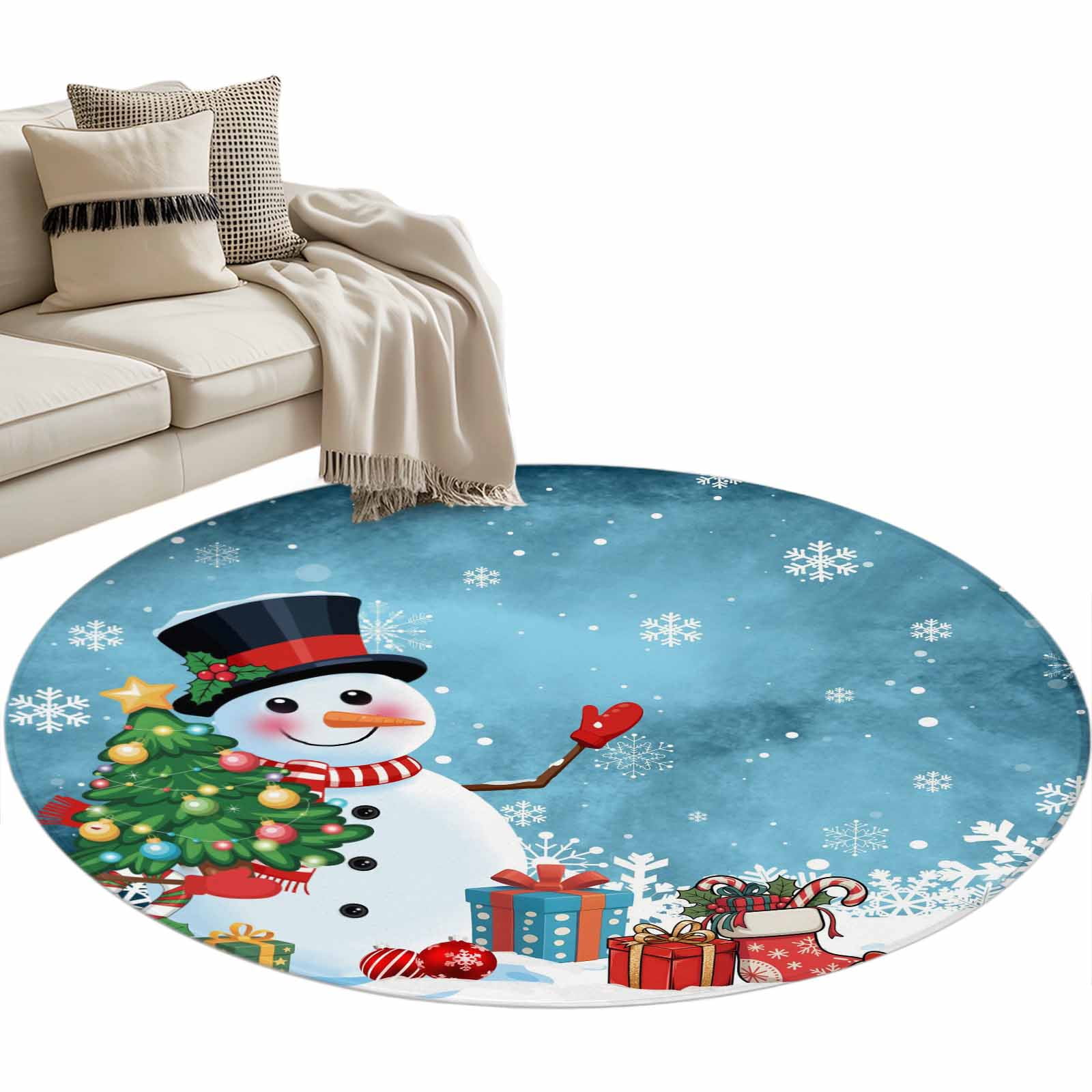 Cartoon Snowman Area Rug, Christmas Snowman Xmas Tree Snowfall Mottled ...