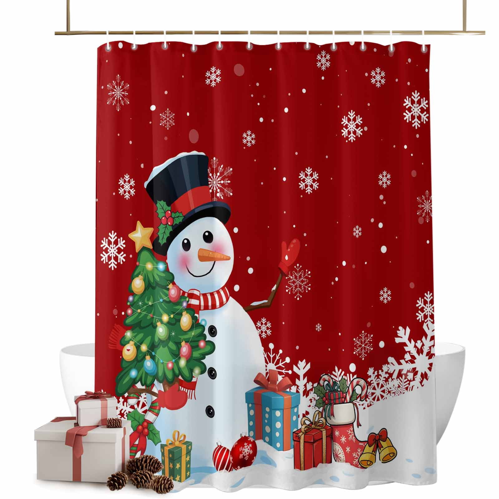 Cartoon Snowman Bathroom Shower Curtain Christmas Snowman Xmas Tree Box ...