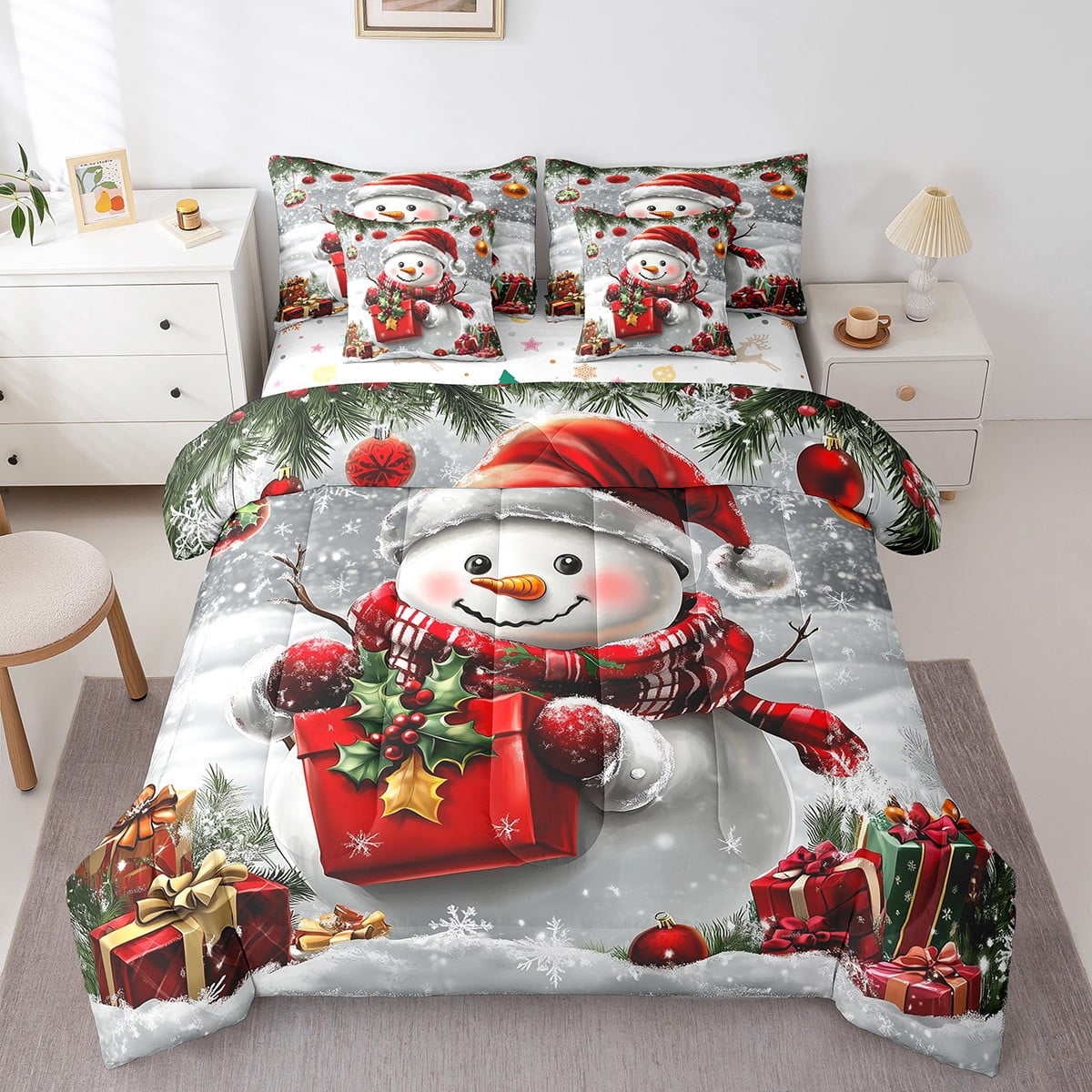 Cartoon Snowman Bed in a Bag Queen Comforter Set 7 Piece,Poinsettia ...