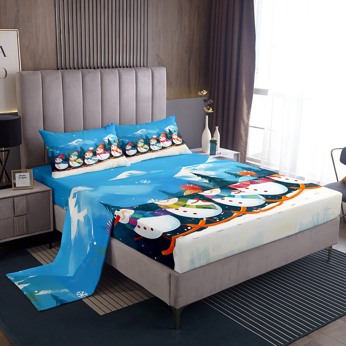 Cartoon Snowman Bed Sheets Set Skiing Sheets Queen Size Bed Set,Cute ...