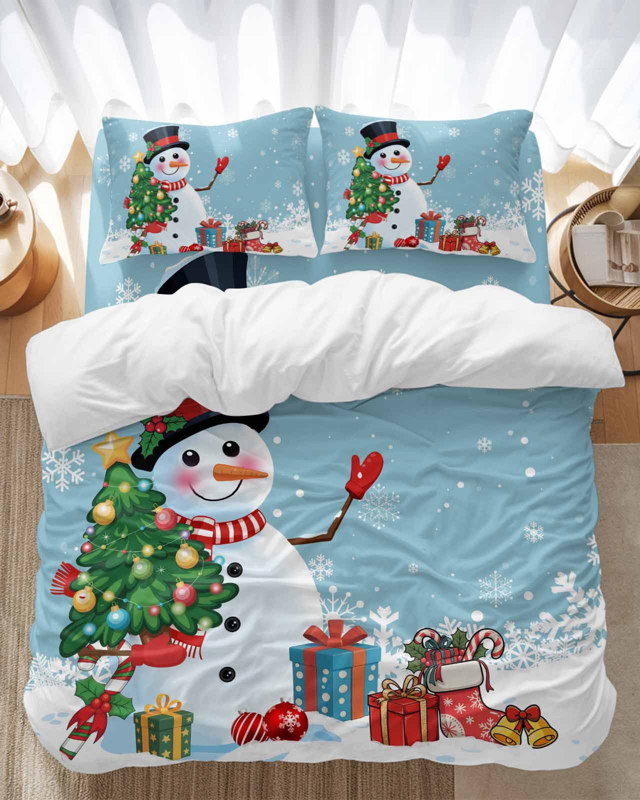 Cartoon Snowman Bedding Duvet Cover Set Queen Size 4 Pieces Christmas ...