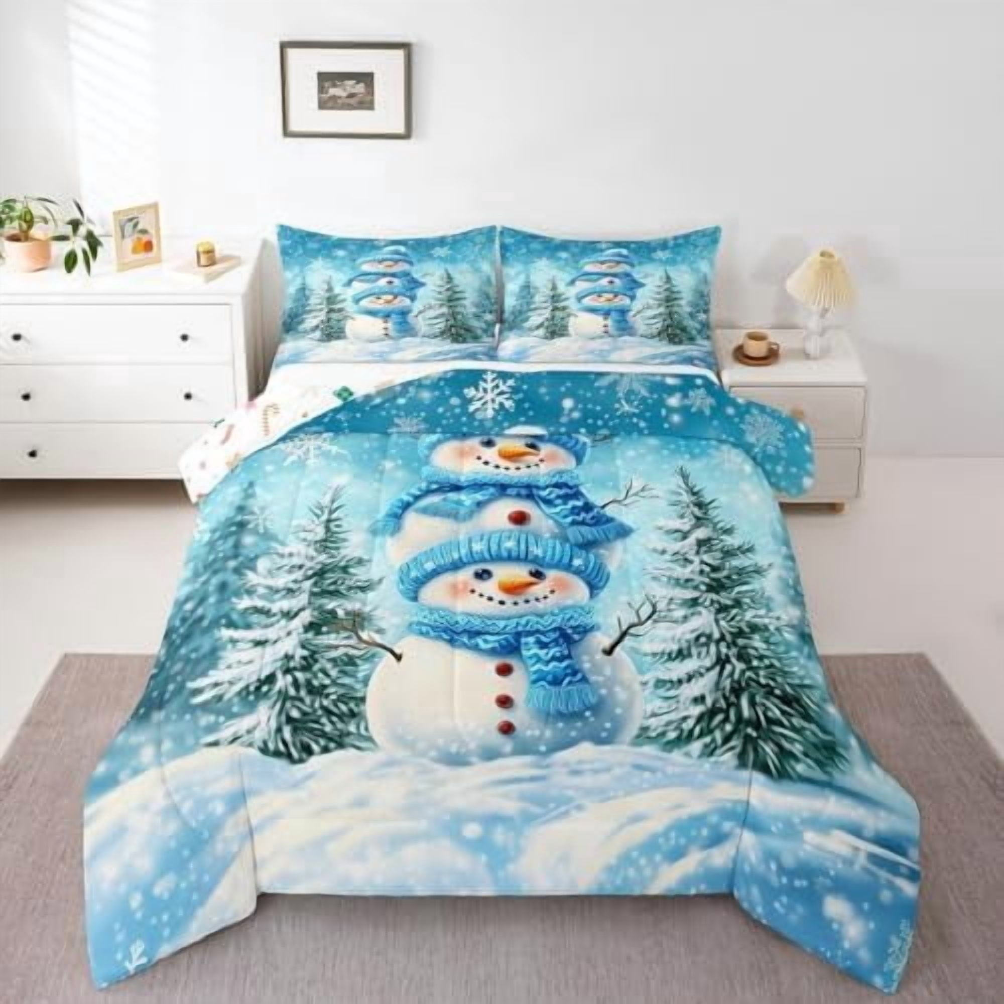 Cartoon Snowman Bedding Set White Snowflake Green Christmas Trees ...