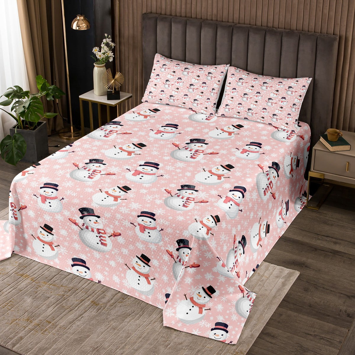 Cartoon Snowman Bedspread Twin Size,Pink Christmas Bedding Set 2Pcs ...
