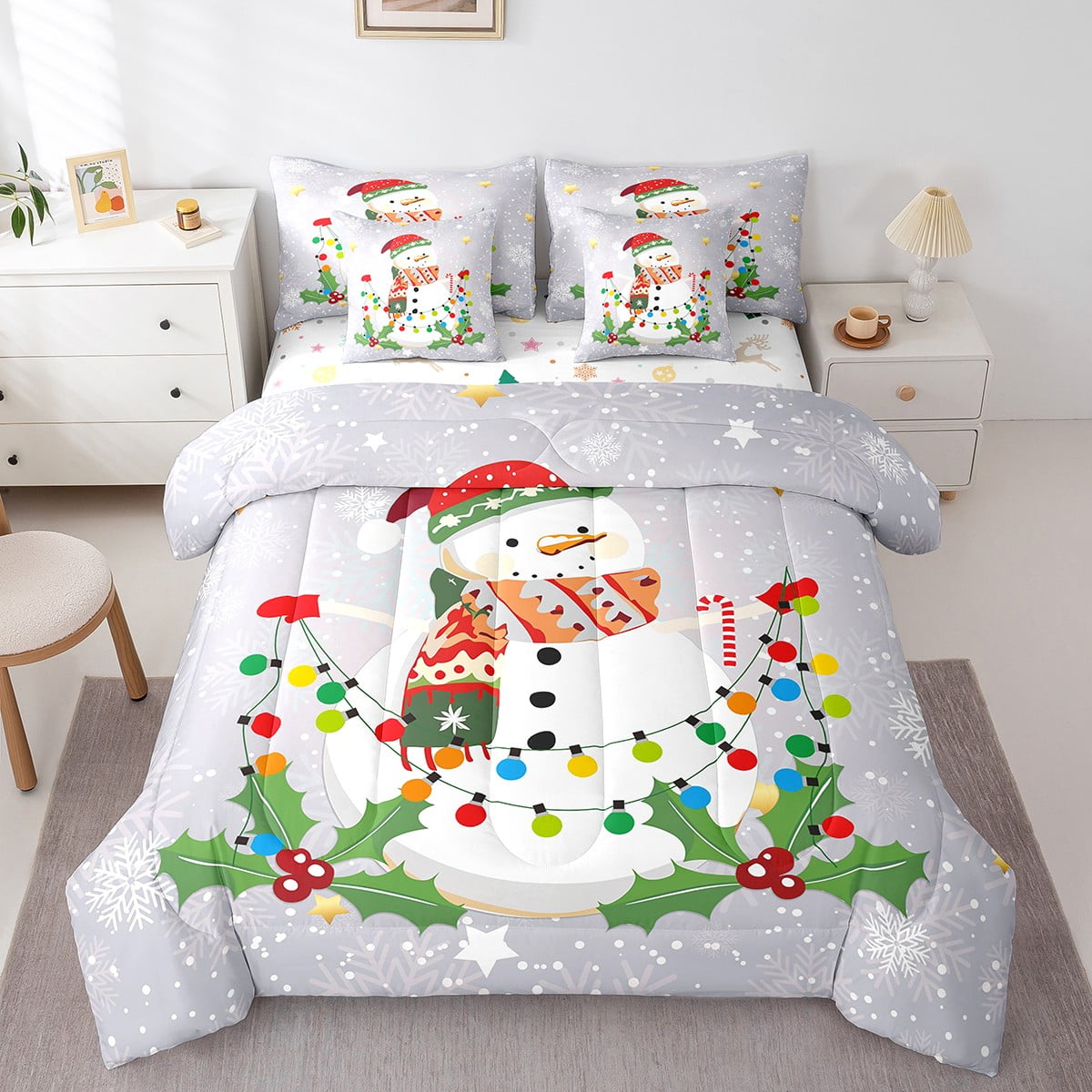 Cartoon Snowman Comforter Set 7 Piece Bed in a Bag Twin Cute Santa Hat ...