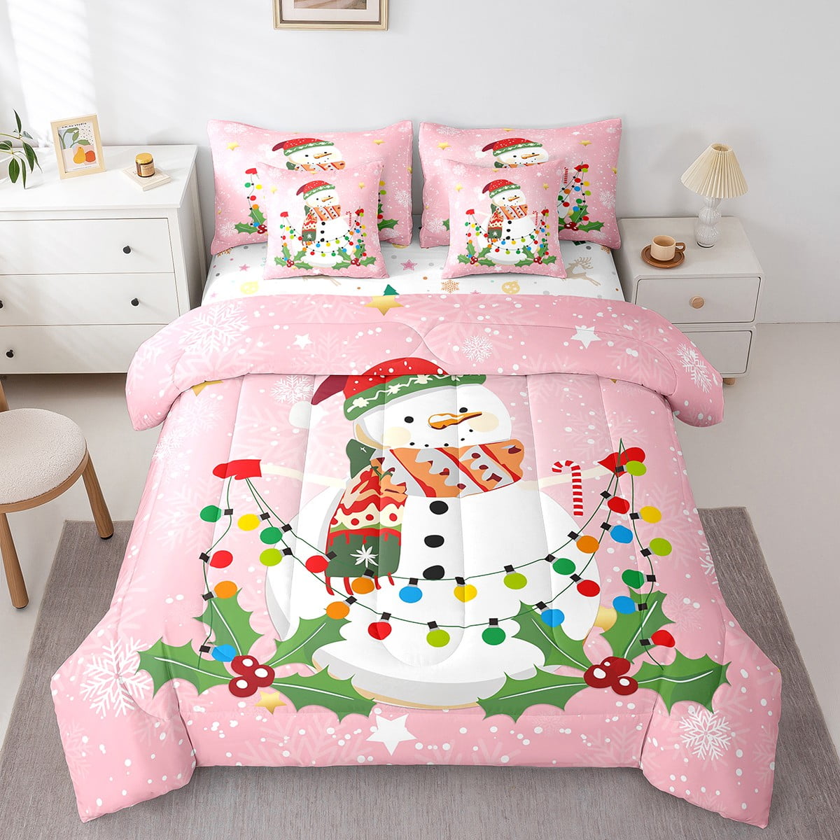 Cartoon Snowman Comforter Set 7 Piece Bed in a Bag Twin Kawaii Santa ...