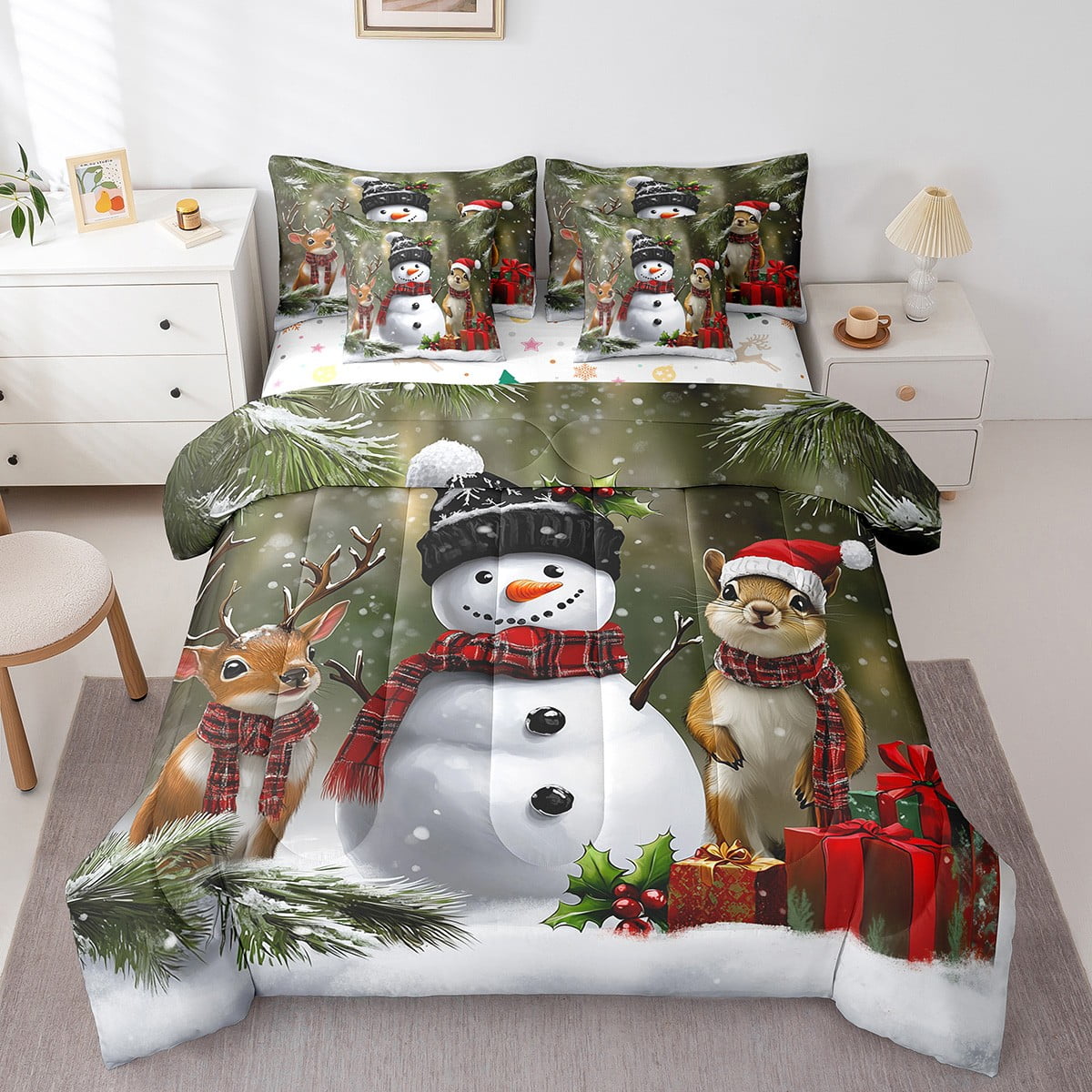 Cartoon Snowman Comforter Set 7 Piece Bed in a Bag Twin,Xmas Elk Deer ...