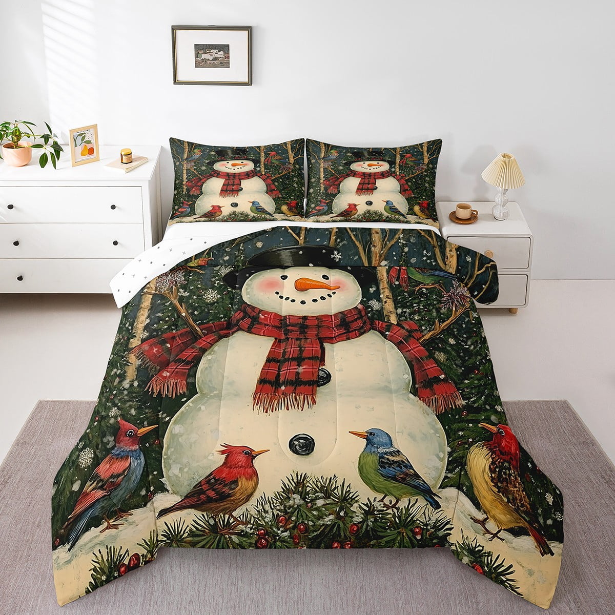 Cartoon Snowman Comforter Set,Cardinal Birds Toddler Beding Set,Green ...