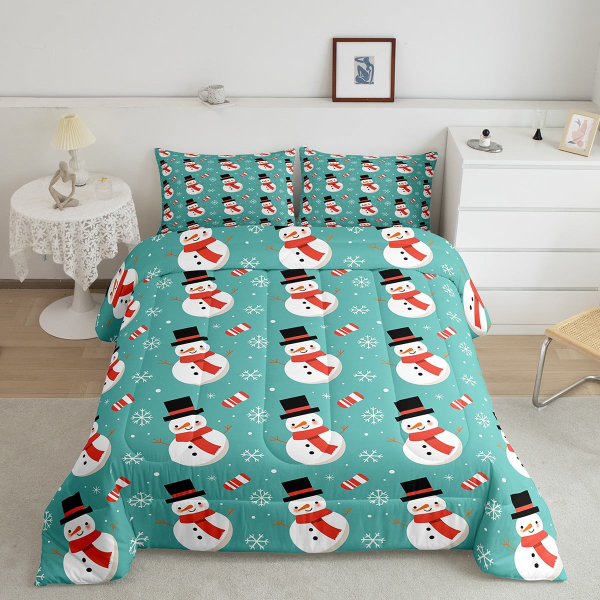 Cartoon Snowman Comforter Set Xmas Snowflake Quilt Bed Set,Kawaii King ...