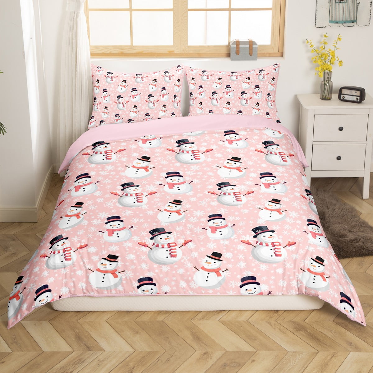 Cartoon Snowman Duvet Cover Set Full Size,Pink Christmas Bedding Set ...