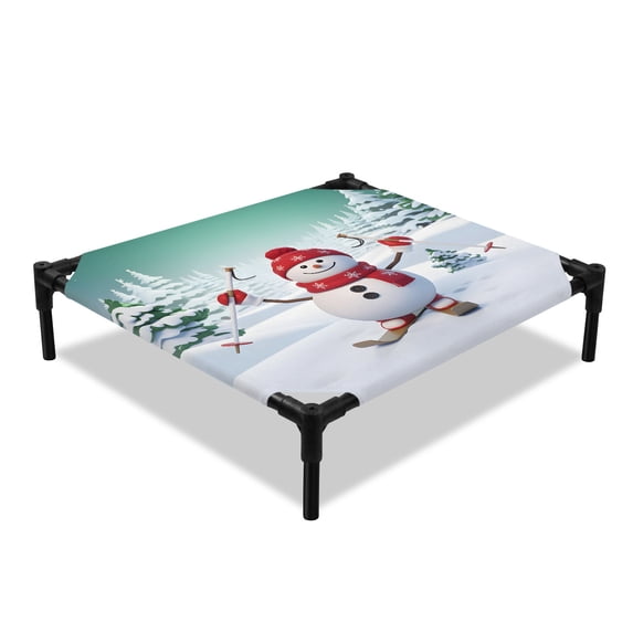 Cartoon Snowman Elevated Dog Bed, Winter Skiing Pine Tree Forest Snow ...