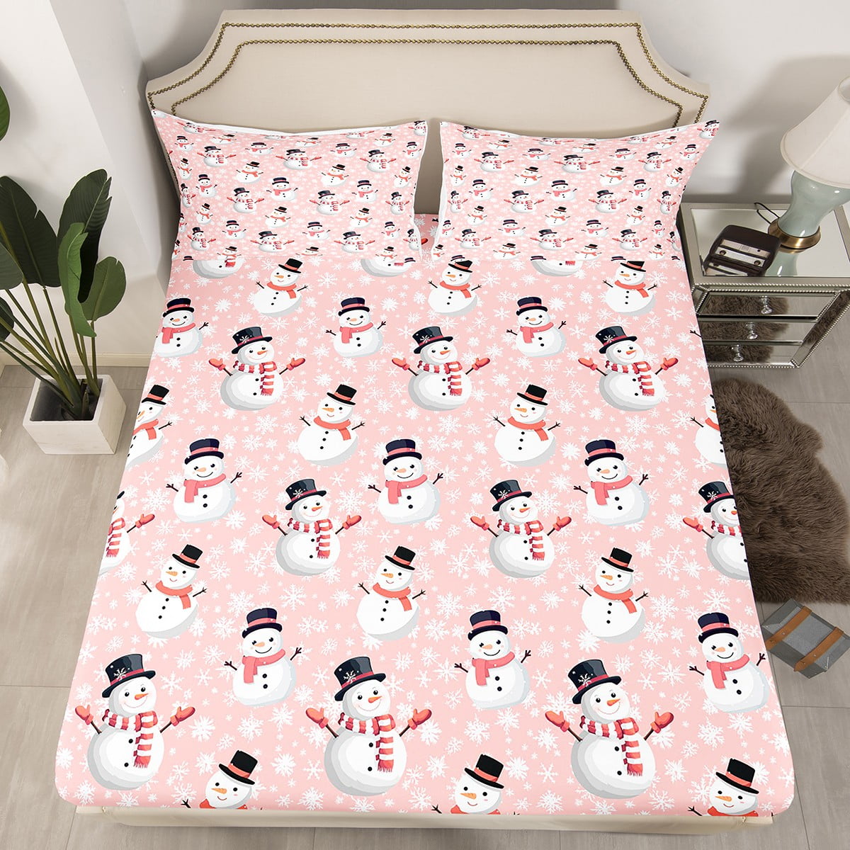 Cartoon Snowman Fitted Sheet Twin Size,Pink Christmas Bedding Set 2Pcs ...