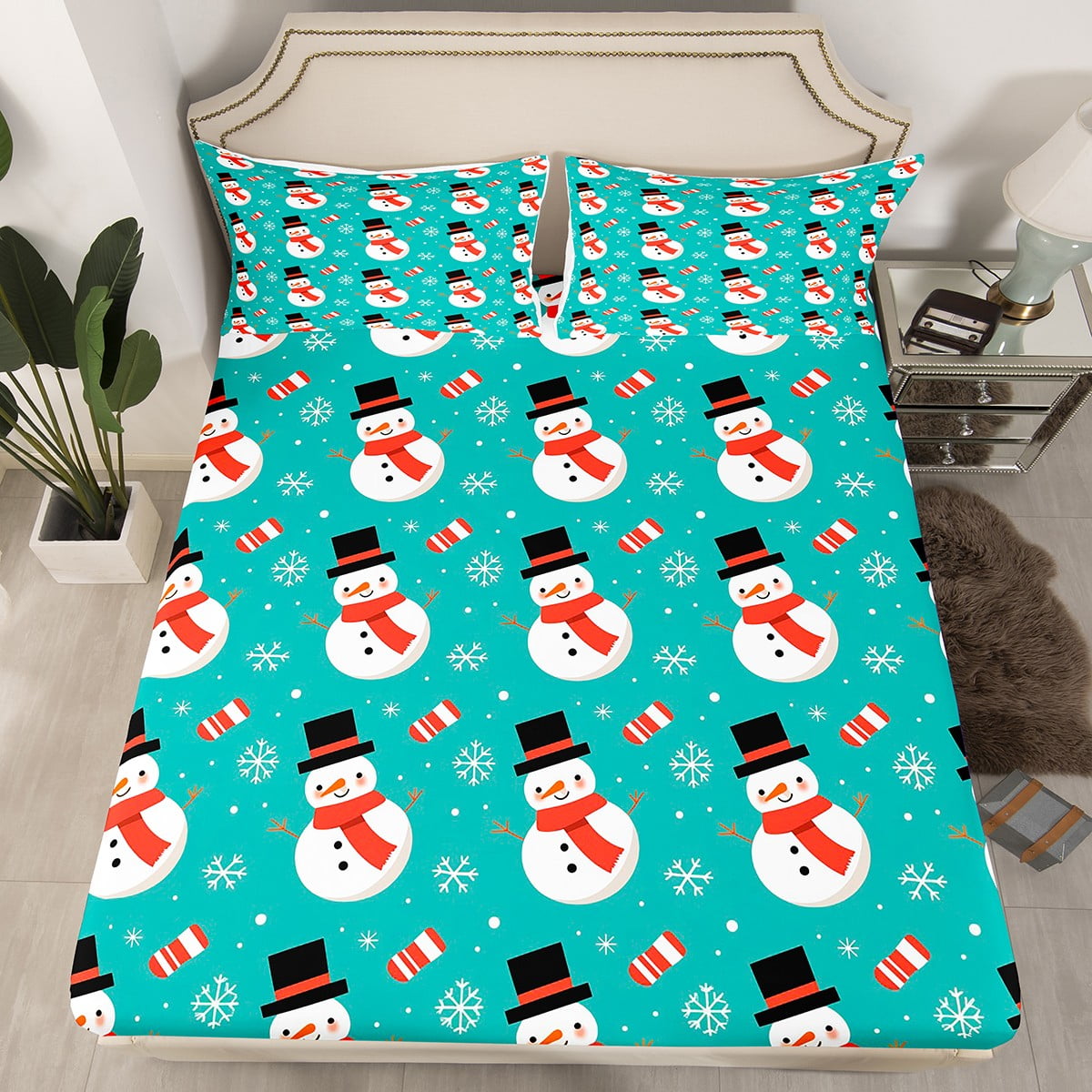 Cartoon Snowman Fitted Sheet Xmas Snowflake Sheets,Kawaii Bed Sheets ...