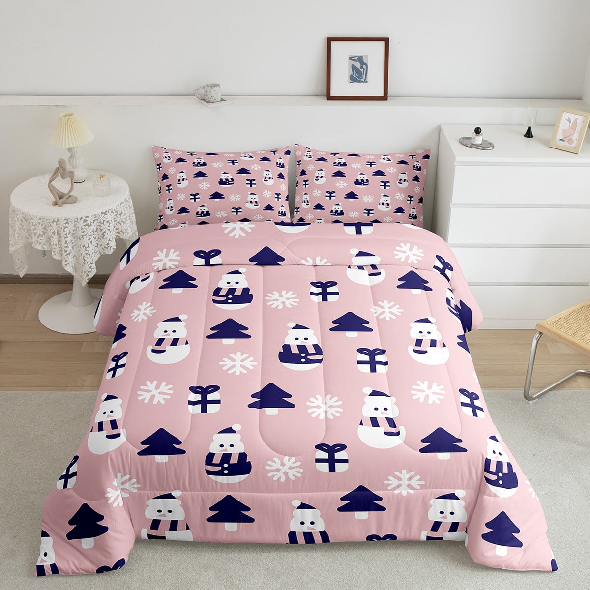 Cartoon Snowman Full Size Bedding Set Snowflake Christmas Tree Print ...