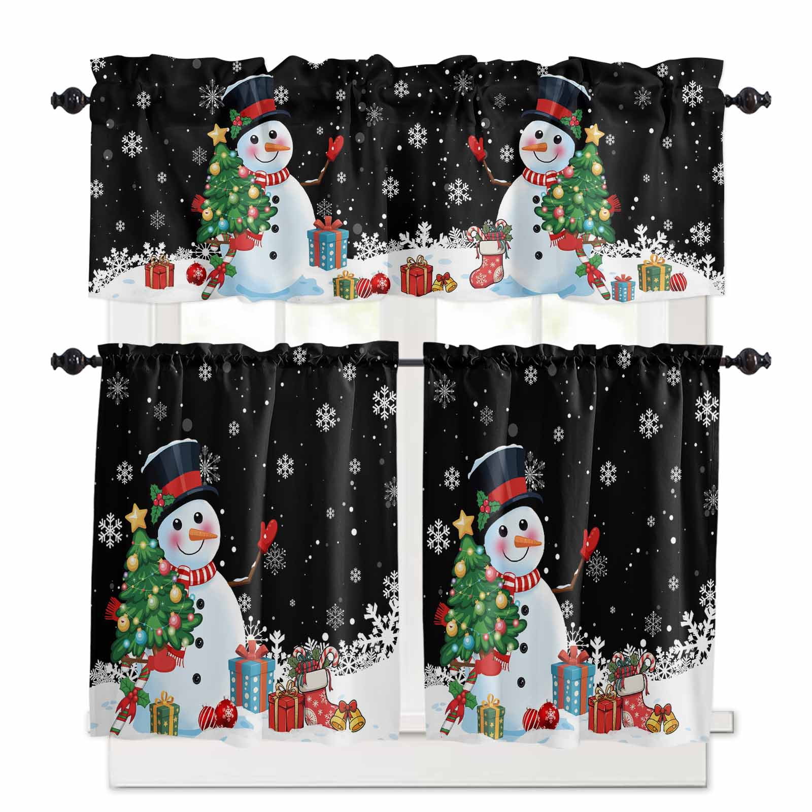 Cartoon Snowman Kitchen Curtains Valances and Tiers Set of 3 Christmas ...