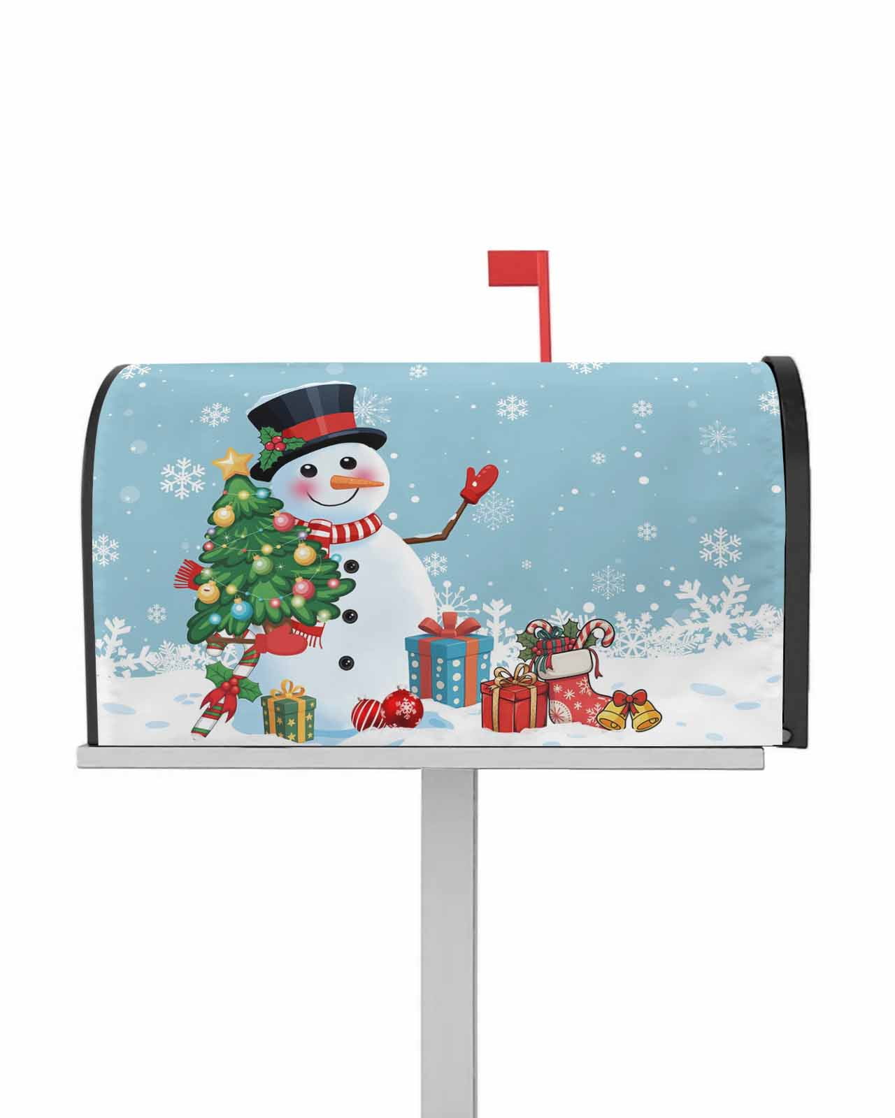 Cartoon Snowman Mailbox Cover, Christmas Snowman Xmas Tree Snowfall ...