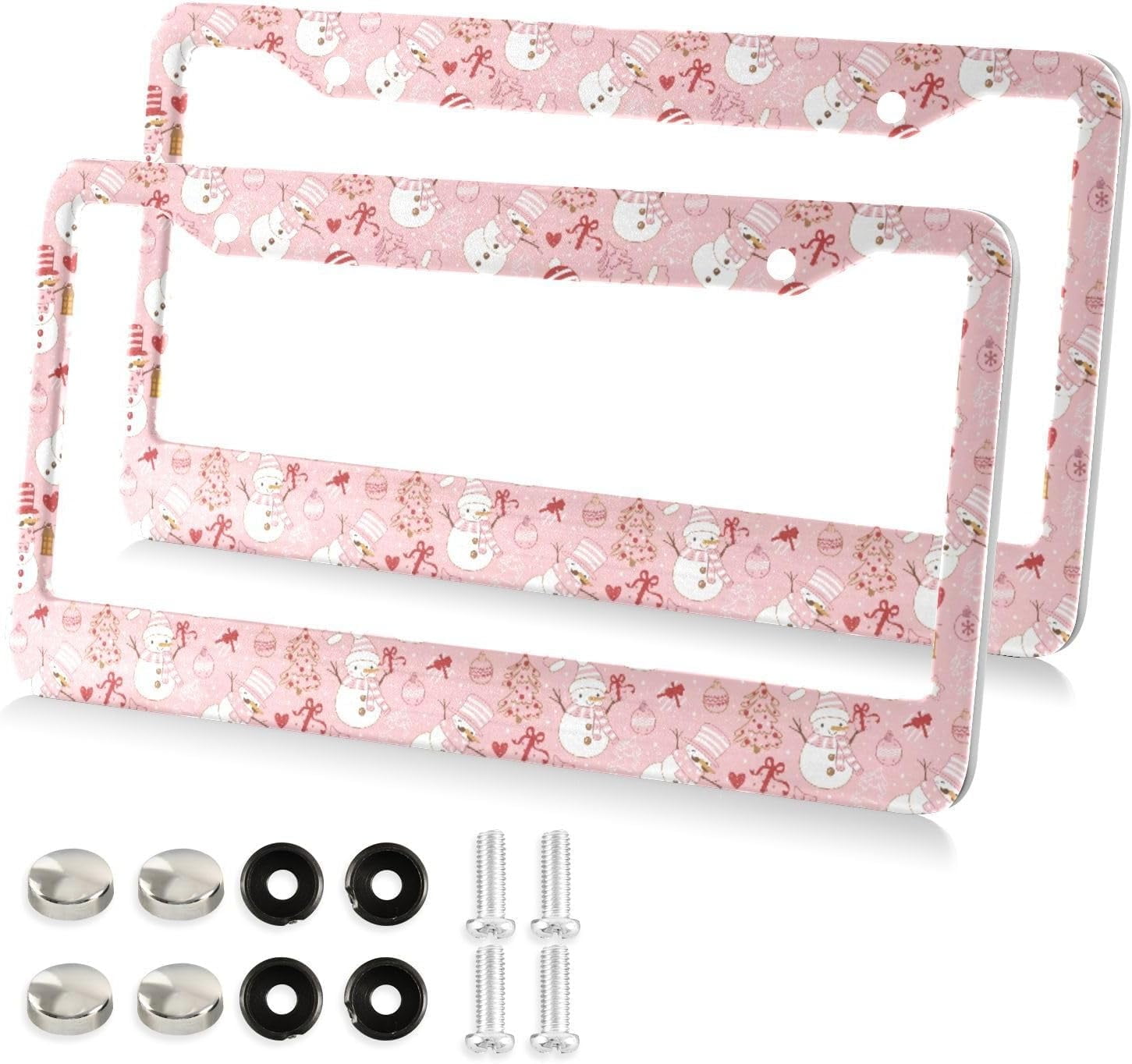 Cartoon Snowman Pink License Plate Frame - 2 Pack Universal Stainless ...