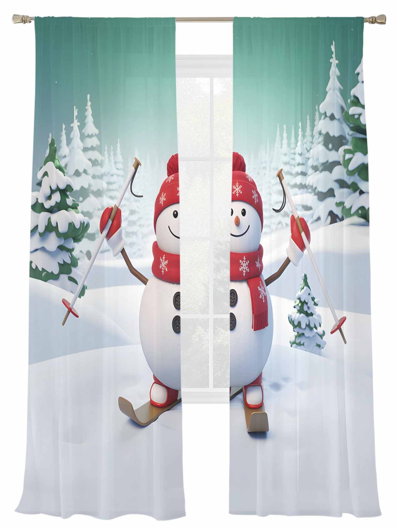 Cartoon Snowman Sheer Curtains 108 inches Long, Winter Skiing Pine Tree ...