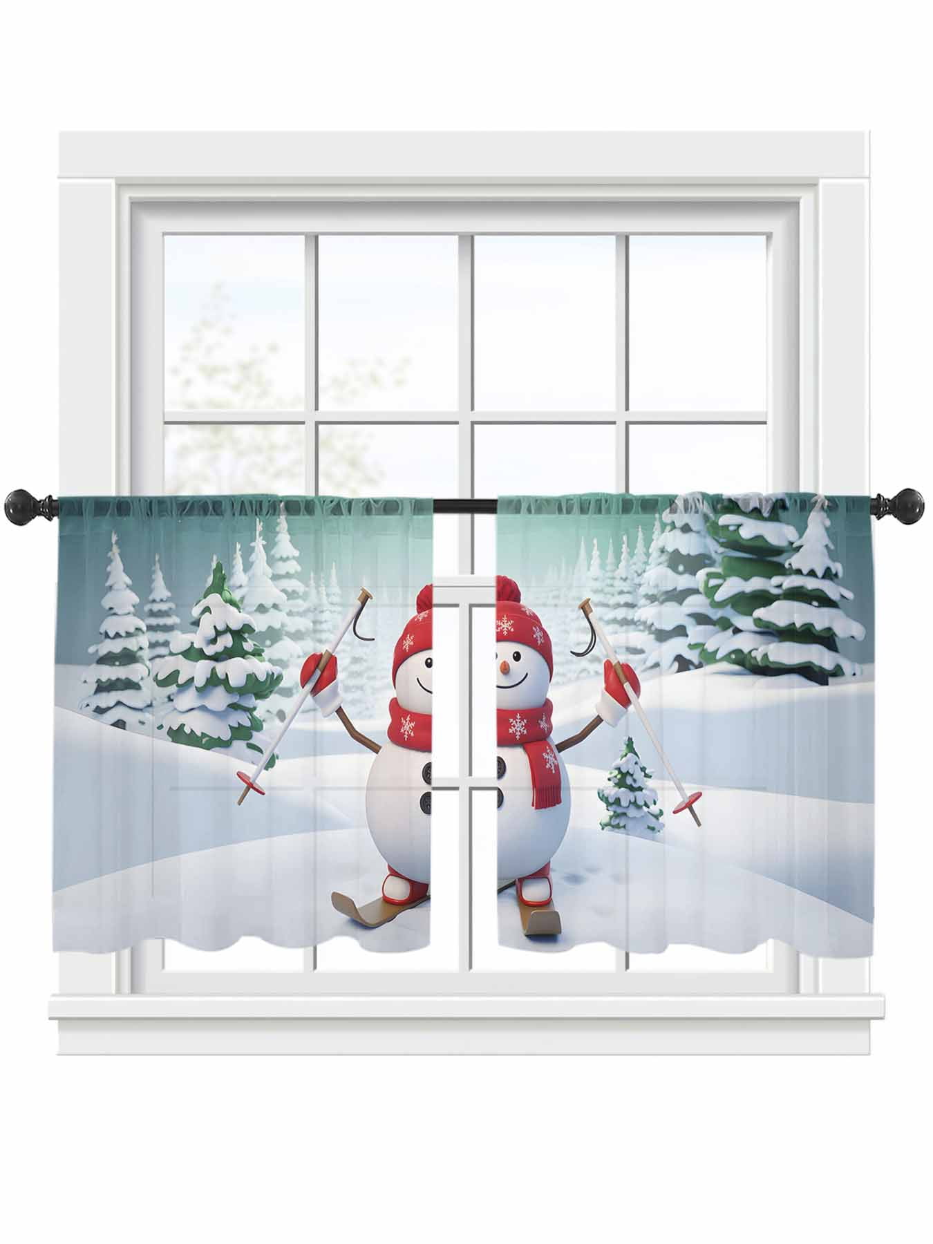 Cartoon Snowman Sheer Curtains 2 Panels Set Winter Skiing Pine Tree ...