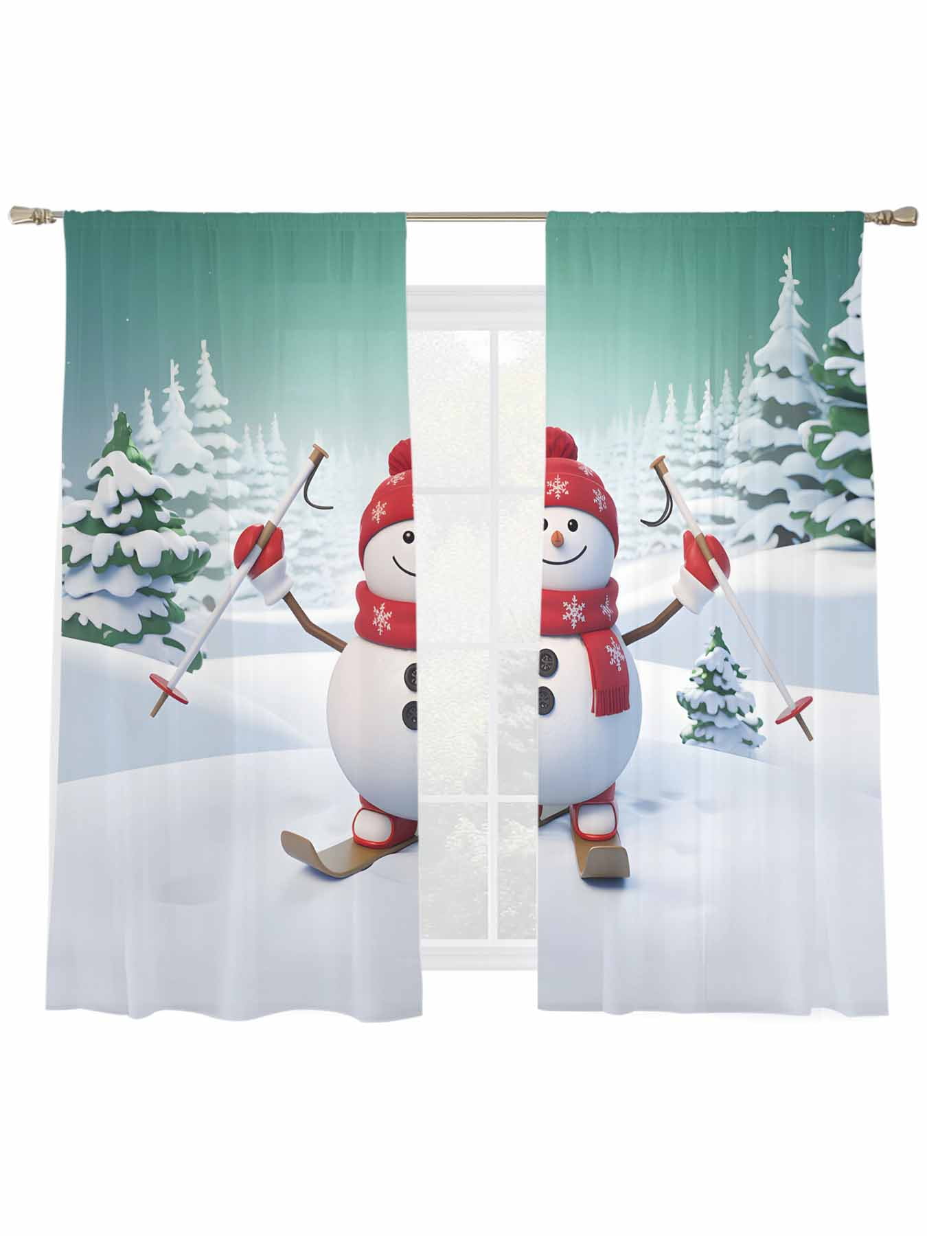 Cartoon Snowman Sheer Curtains 63 inches Long, Winter Skiing Pine Tree ...