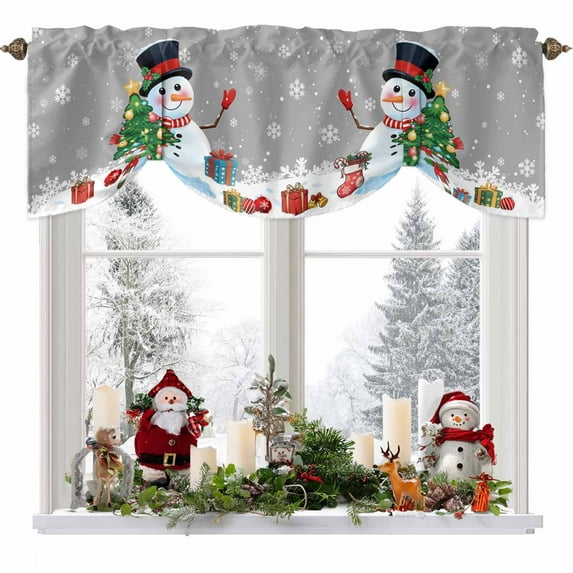 Cartoon Snowman Tie Up Valances Curtain, Christmas Snowman Xmas Tree Box Snowfall Grey ...