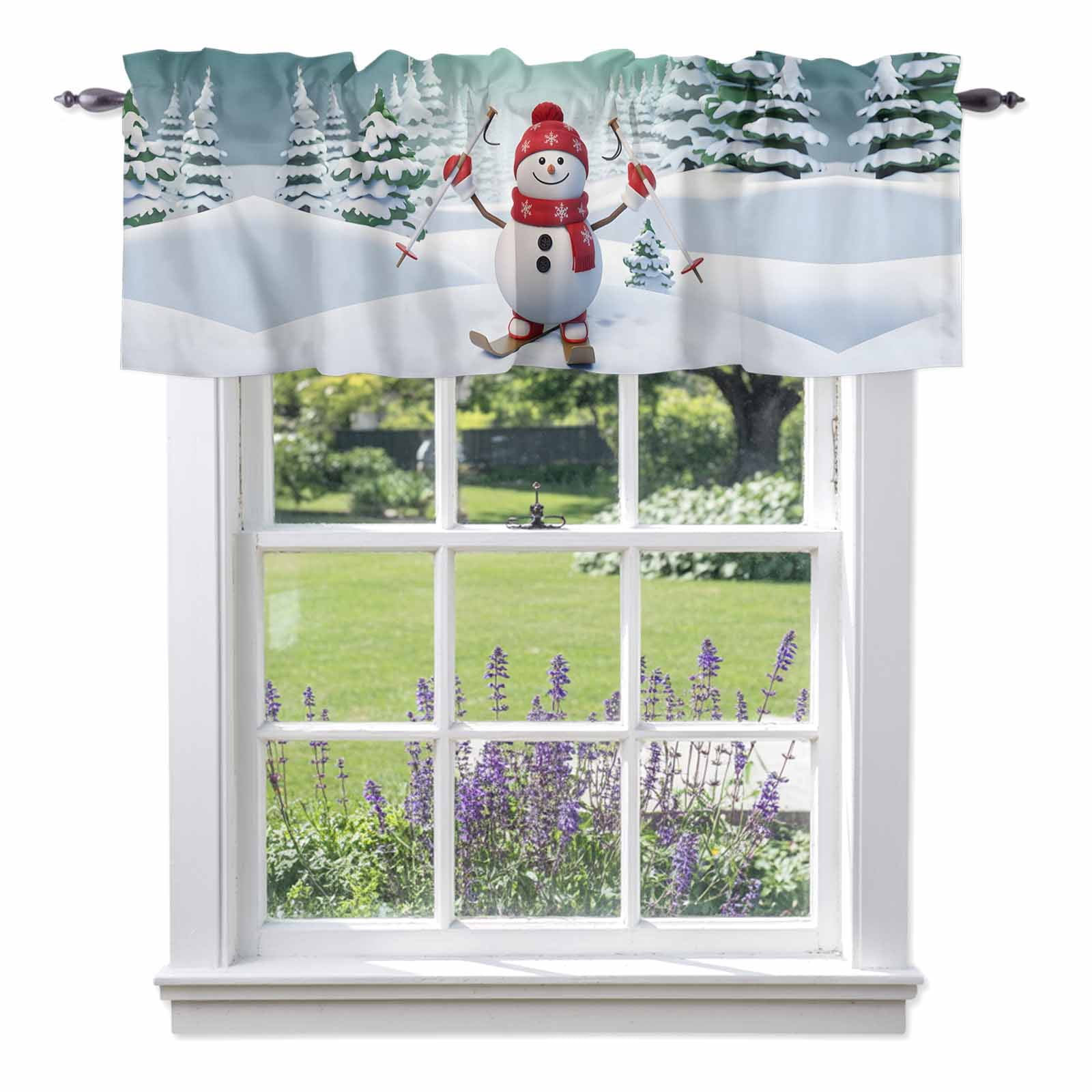 Cartoon Snowman Valances for Windows Winter Skiing Pine Tree Forest ...