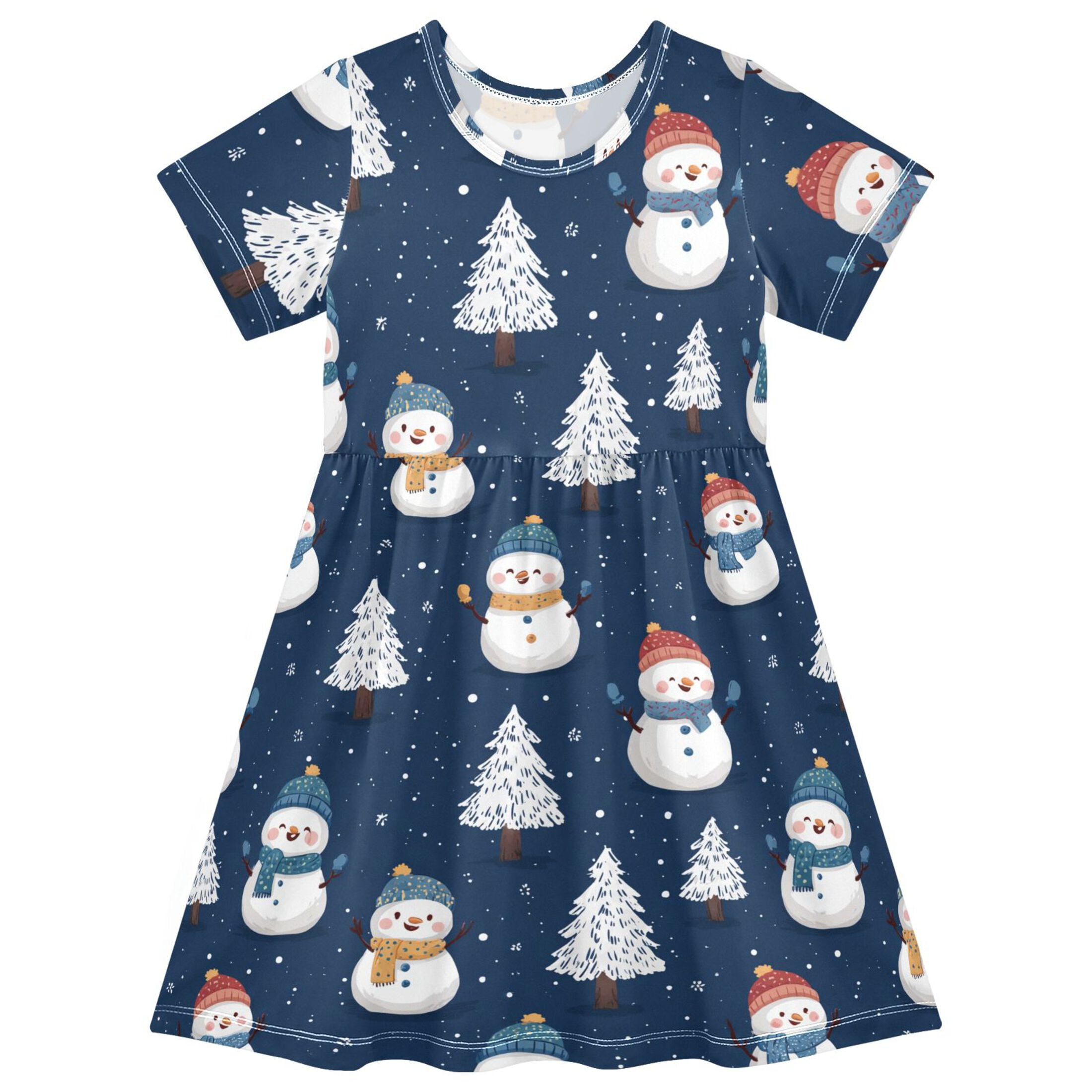 Cartoon Snowmen Short Sleeve Dress A-Line Cute Midi Casual Sundress 2-8 ...