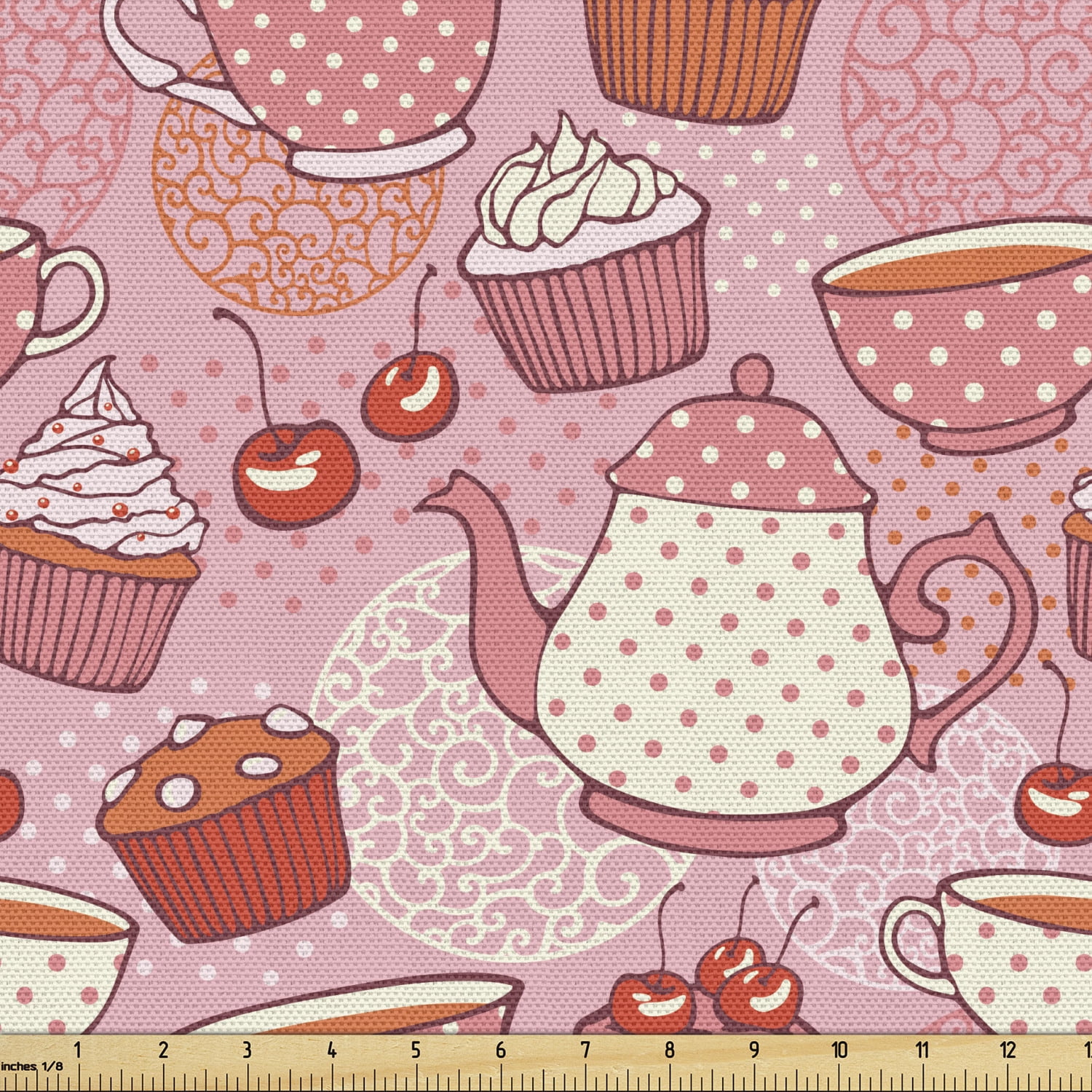 Cartoon Sofa Upholstery Fabric by the Yard, Teapots Cups with Polka ...