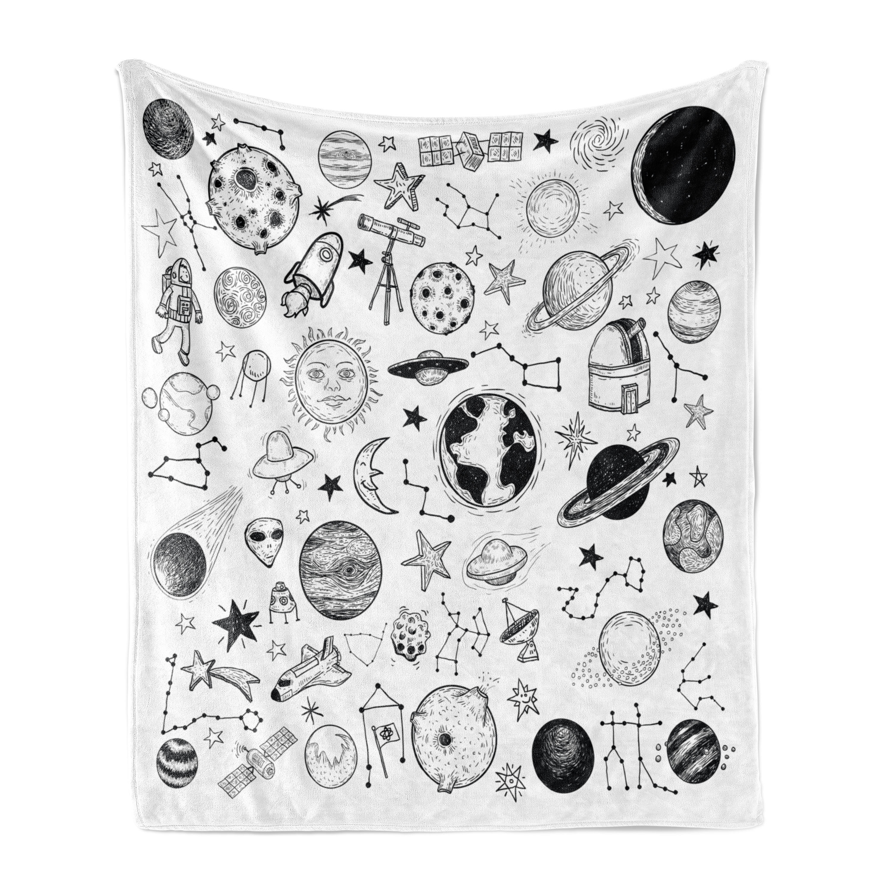 Cartoon Soft Flannel Fleece Blanket, Hand Drawn Planets Asteroids ...