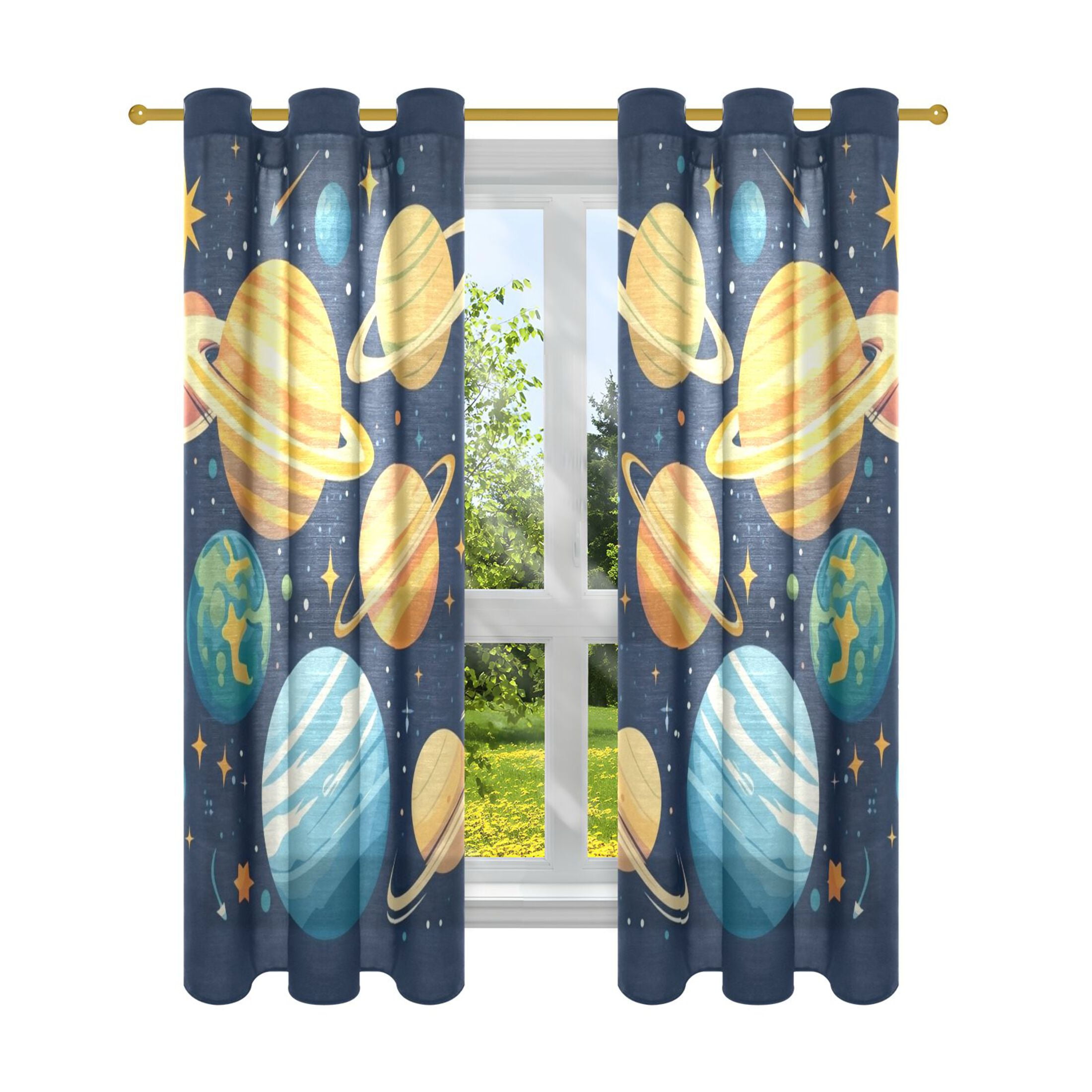 Cartoon Solar System Planet Semi Sheer Curtains for Living Room Bedroom ...