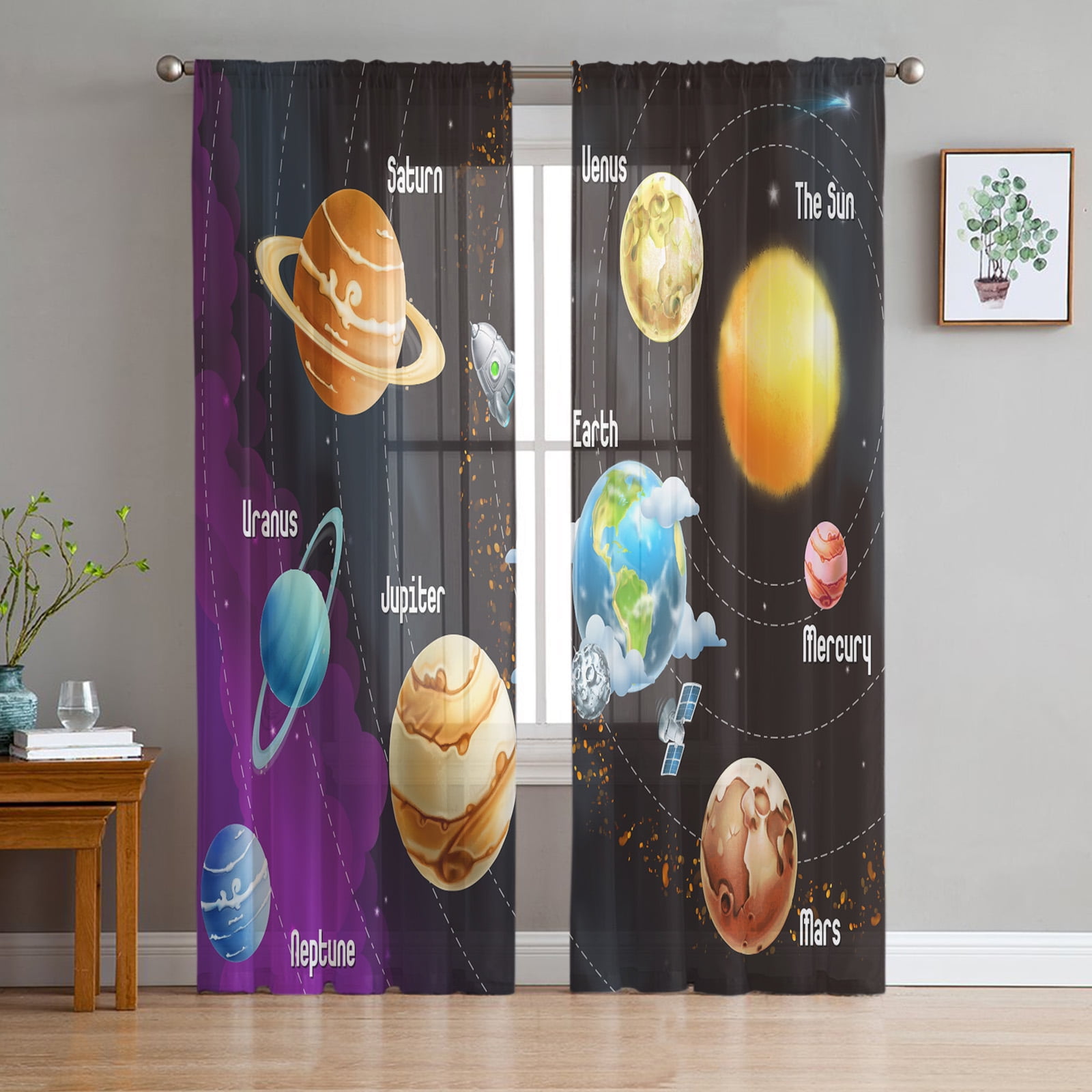 Cartoon Solar System Sheer Curtain for Living Room Voile for Window ...