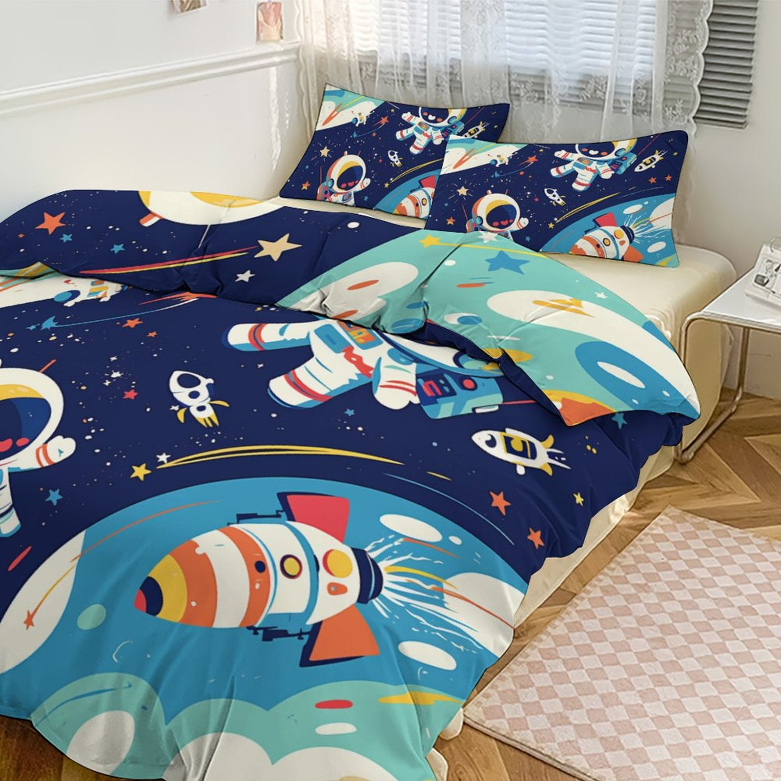 Cartoon Space Astronaut 3 Pcs Soft Bedding Set, Includes 1 Duvet Cover with Zipper And 2 Pillow ...