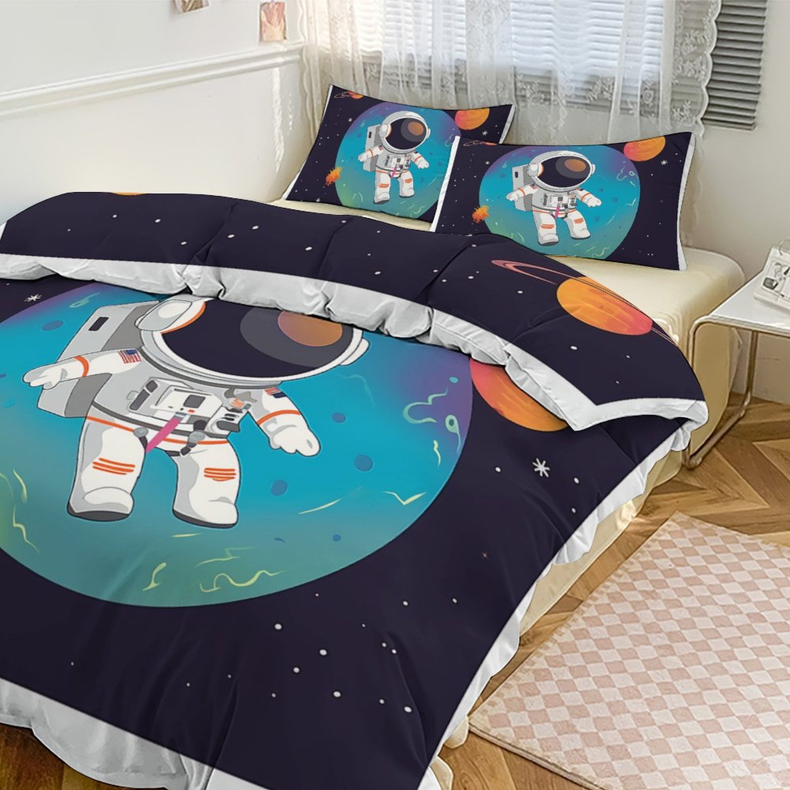 Cartoon Space Astronaut 90"x90" 3 Pcs Soft Bedding Set Includes 1 Duvet ...