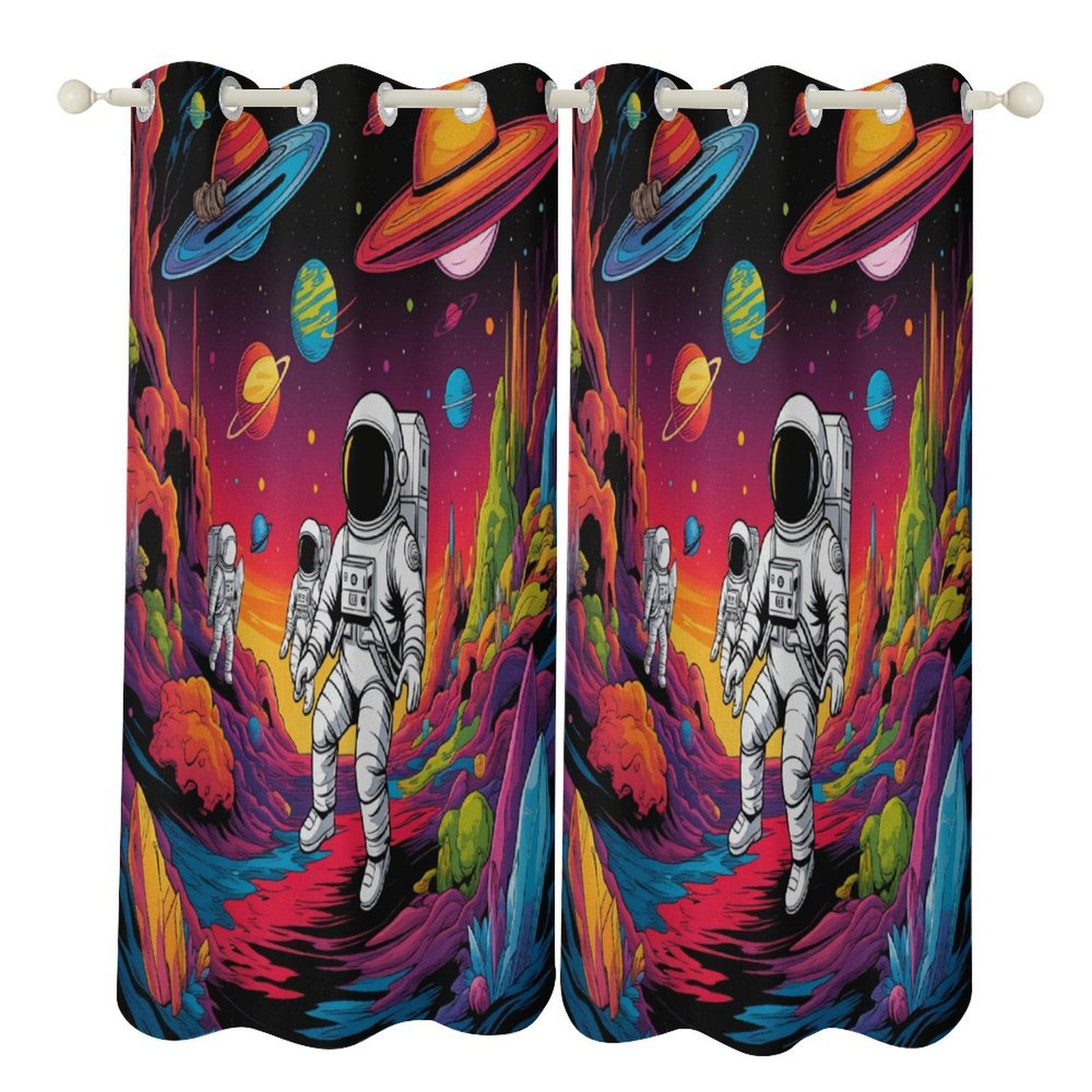 Cartoon Space Astronaut Planet (15)-1 2pcs Blackout Curtains For Living ...