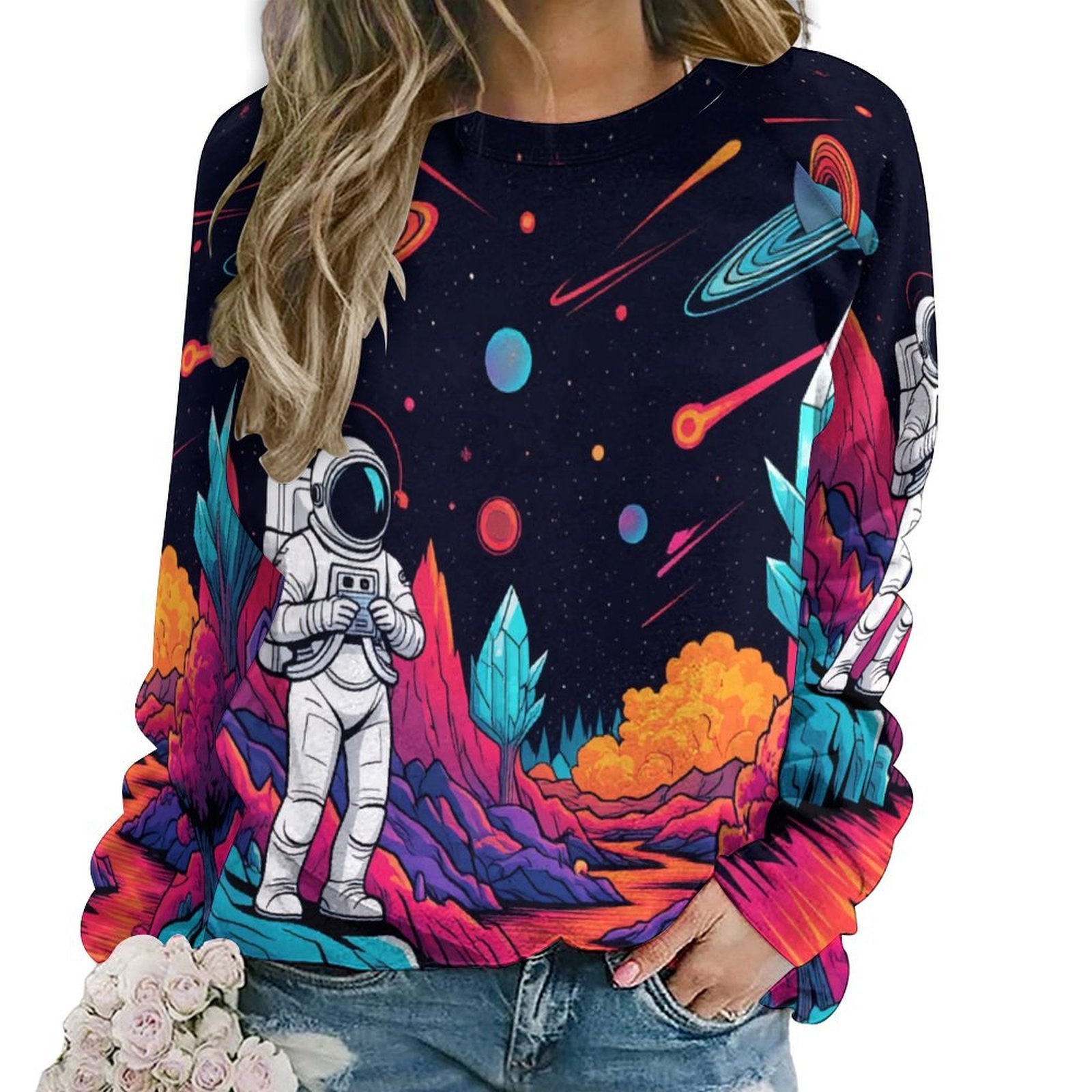 Cartoon Space Astronaut Planet (73) Women Casual Long Sleeve Hoodie ...