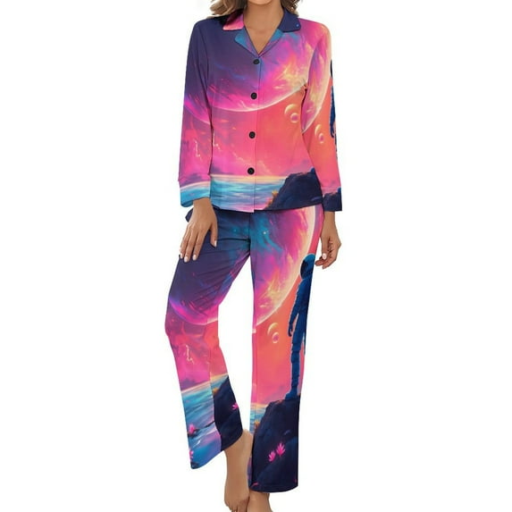 Cartoon Space Astronaut Planet (8)-2 Pajamas Woman Vintage Pajamas Set 2 Piece Long-Sleeve ...