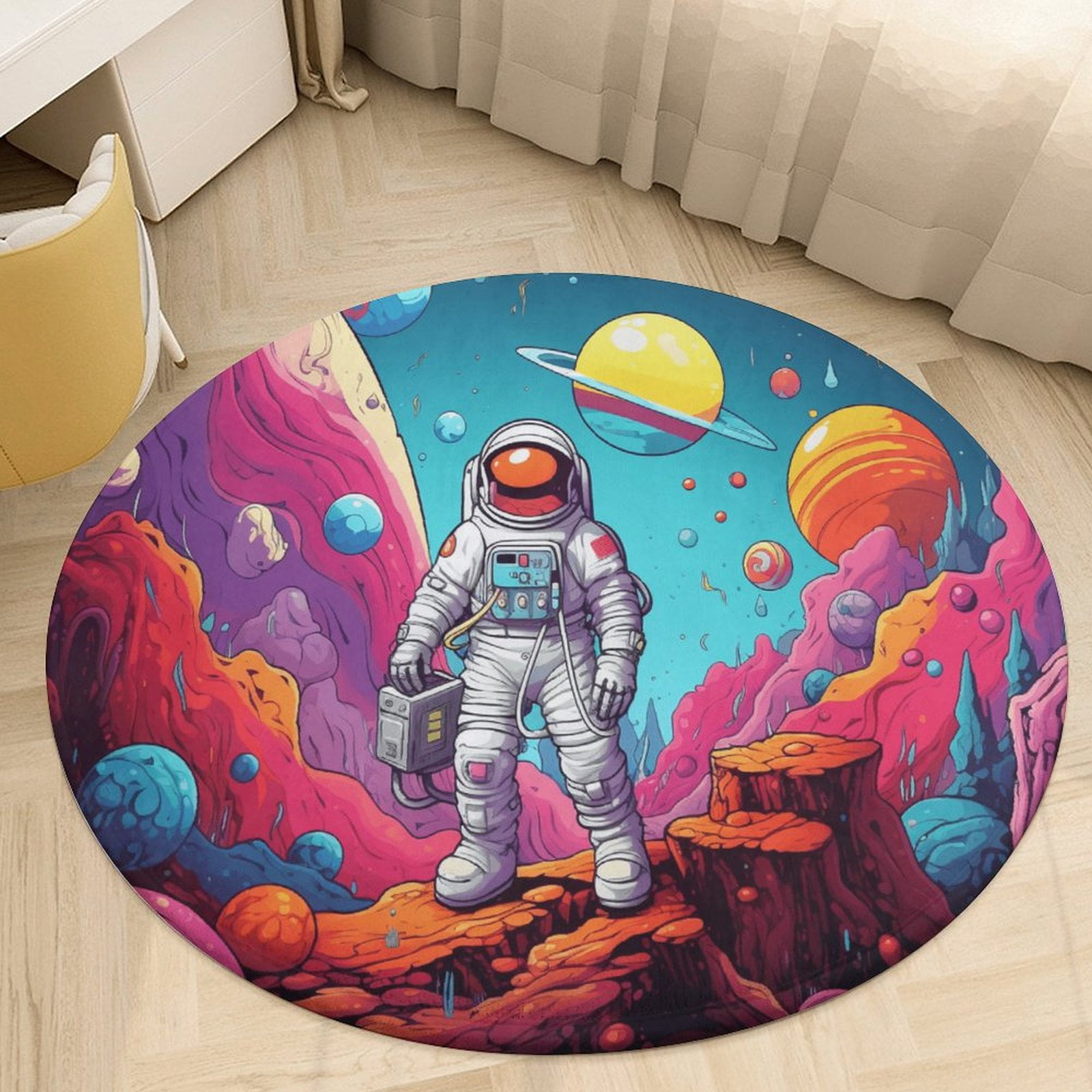 Cartoon Space Astronaut Planet Round Area Rugs for Bedroom Living Room ...