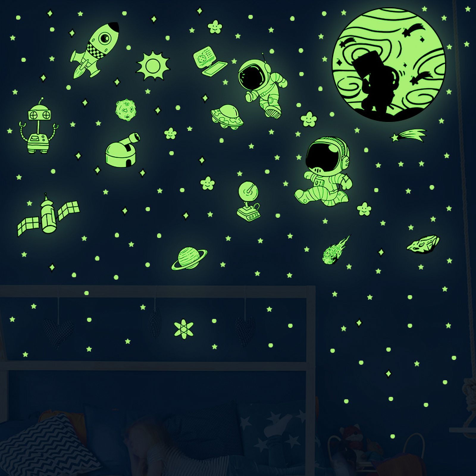 Cartoon Space Astronaut Stickers for Kids on Wall Glowing Stars Bright ...
