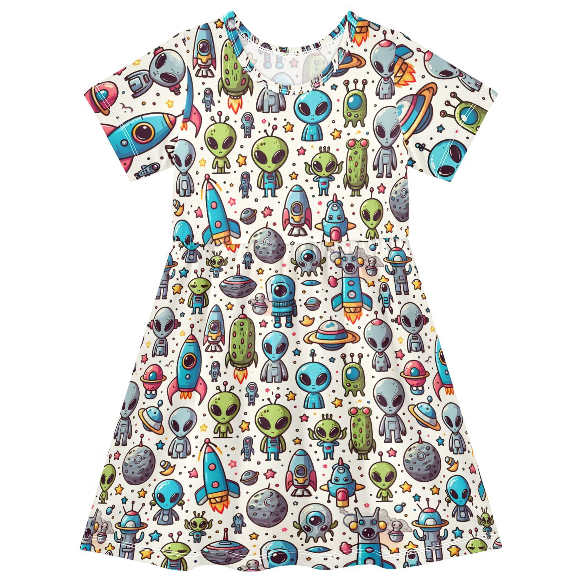 Cartoon Space Background with Many Alient Short Sleeve Dress A-Line ...