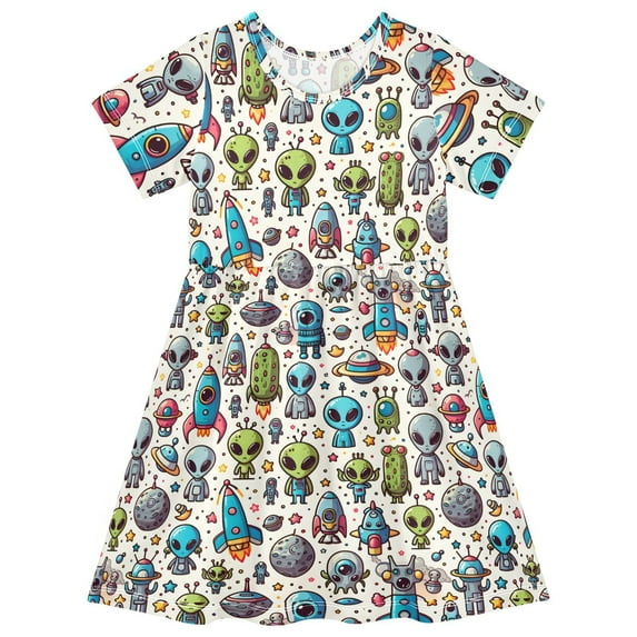 Cartoon Space Background with Many Alient Short Sleeve Dress A-Line ...