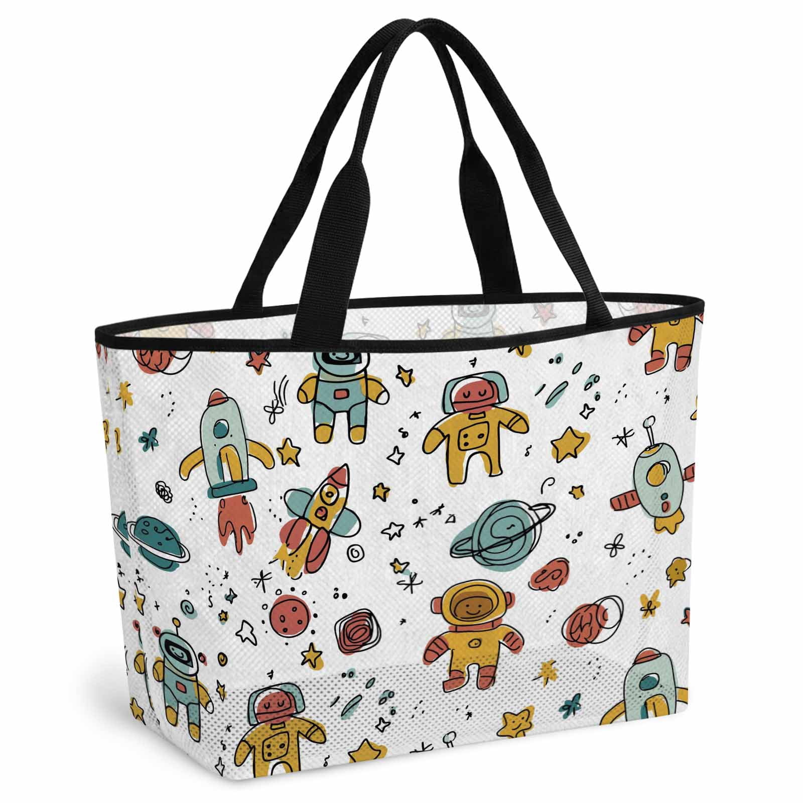 Cartoon Space Beach Bag for Women, Large Breathable Mesh Beach Tote Bag ...