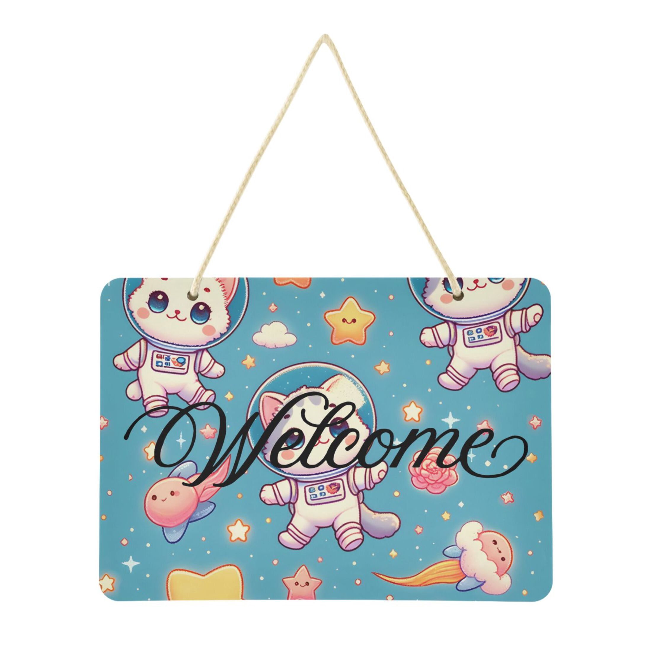 Cartoon Space Cat Welcome Sign Front Door PVC 14x10 inch Hanger Hello ...