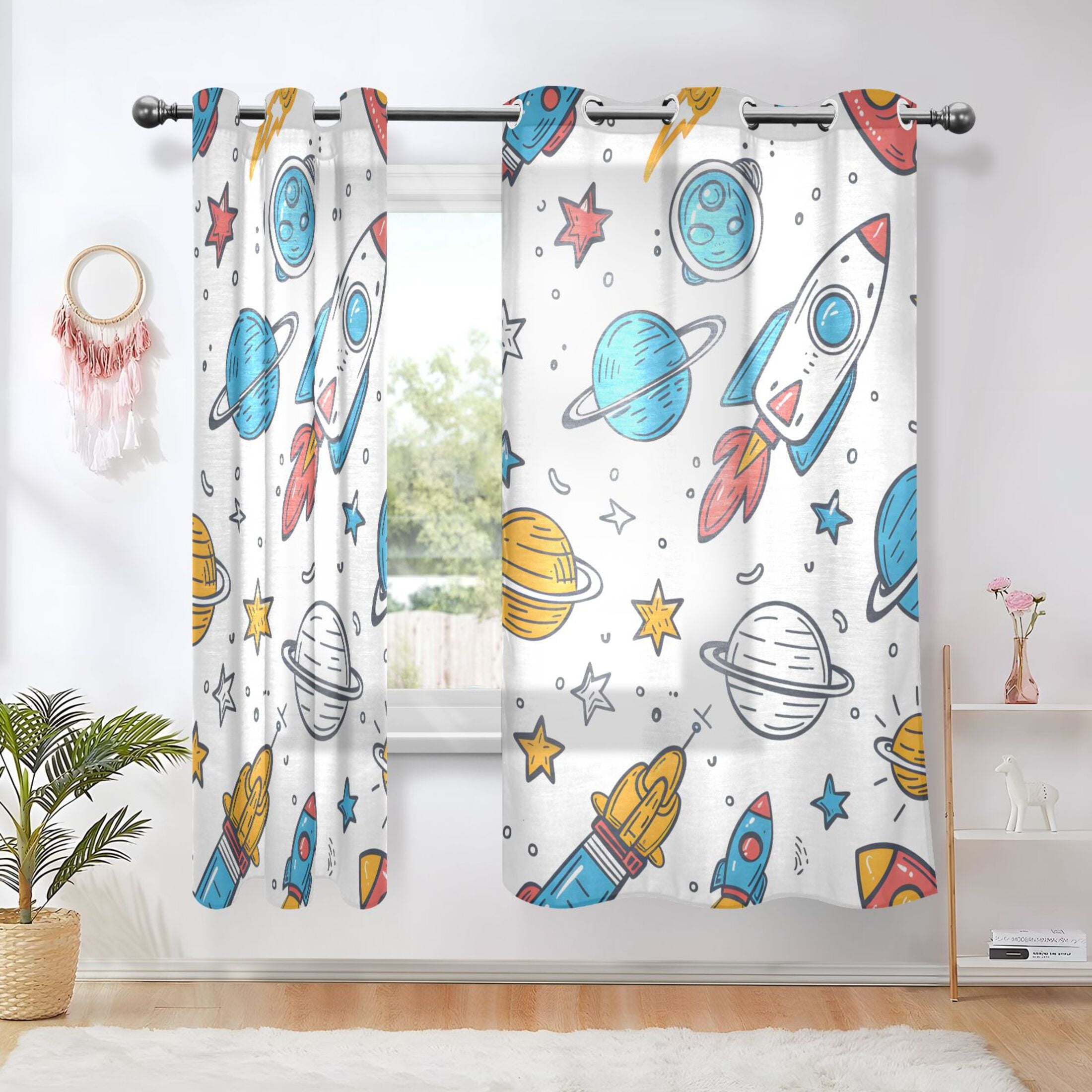 Cartoon Space Elements Universe Faux Linen Curtains Semi Sheer 2 Panels ...