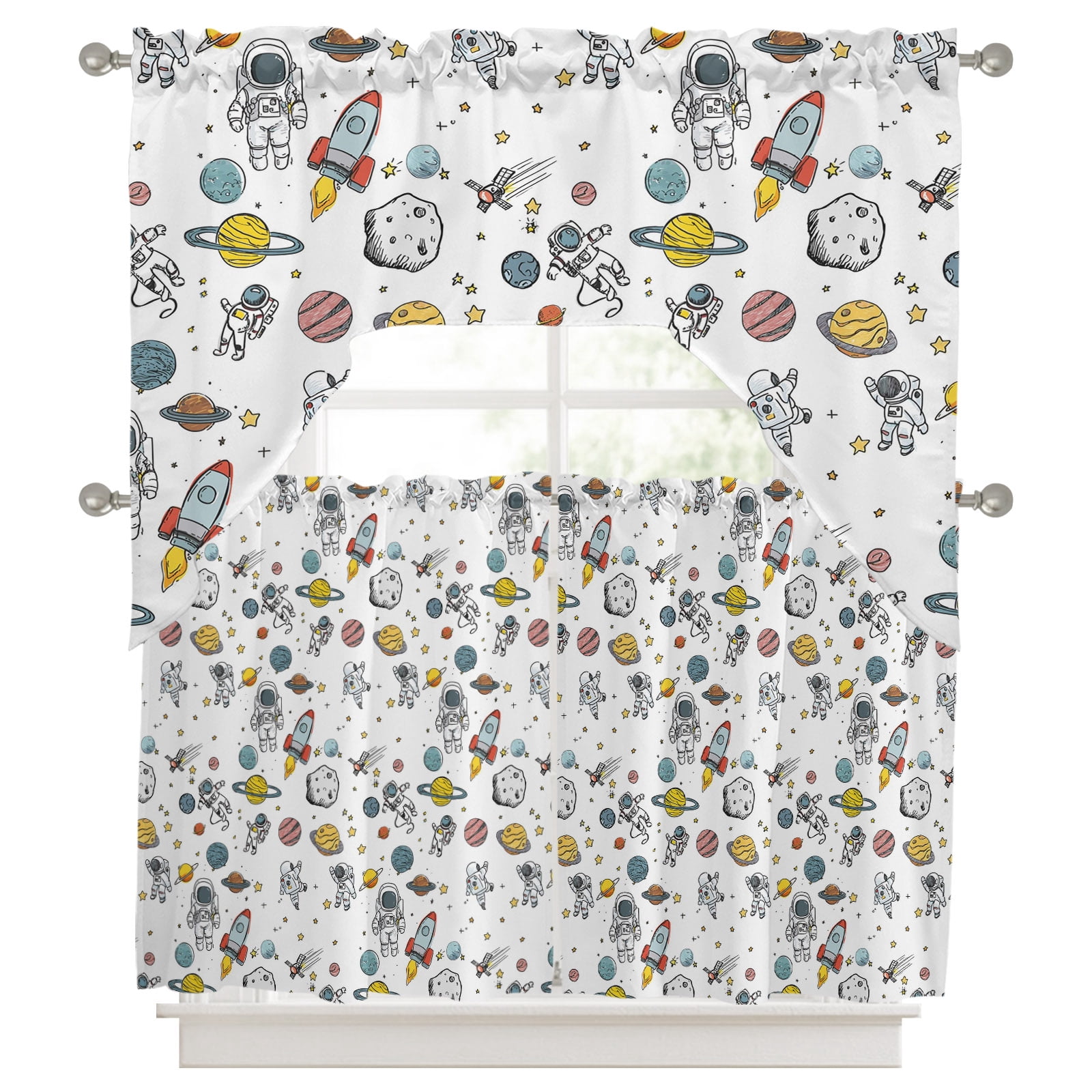 Cartoon Space Kitchen Curtains Swag Valance and Tier Curtains Set 24 ...